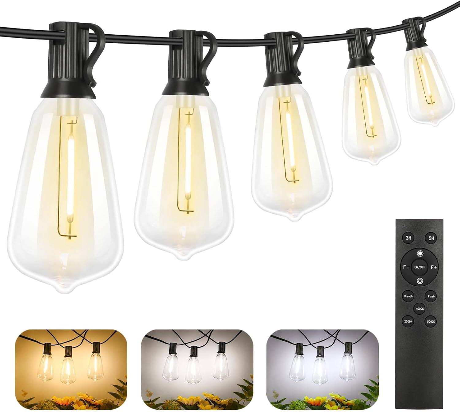 Nordic Hygge Dimmable Outdoor String Lights with Remote, 3 Colors in 1 LED Patio Light for ...