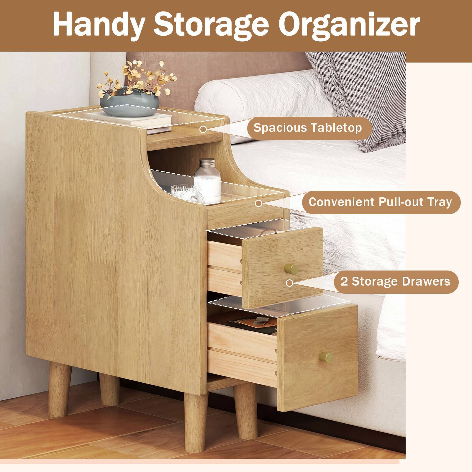 Gymax 2PCS Narrow Nightstand Solid Wood End Table w/Pull out Tray & 2 ...