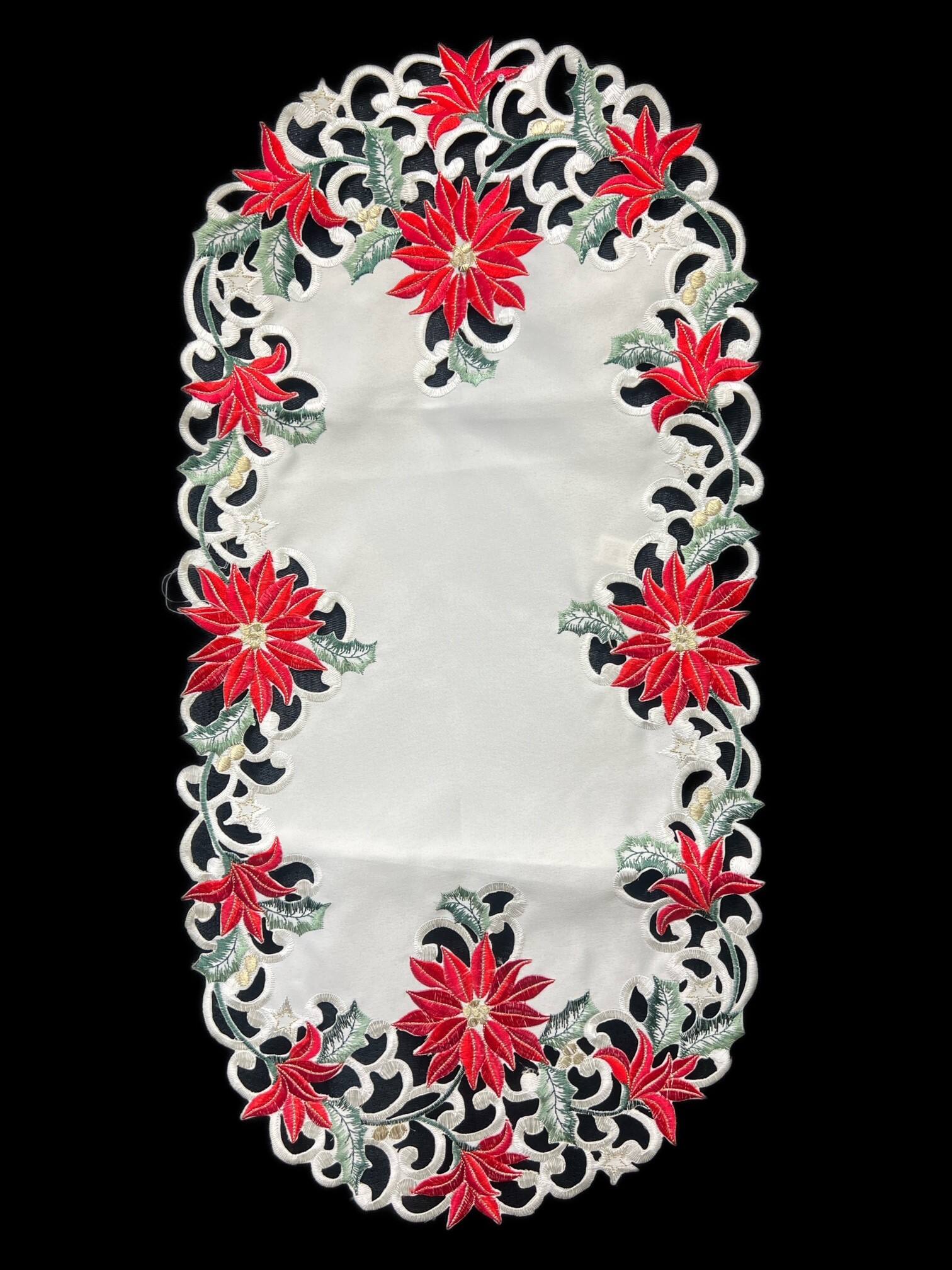 Jiallo Christmas Poinsettia Embroidered Cutwork Rectangular Table ...
