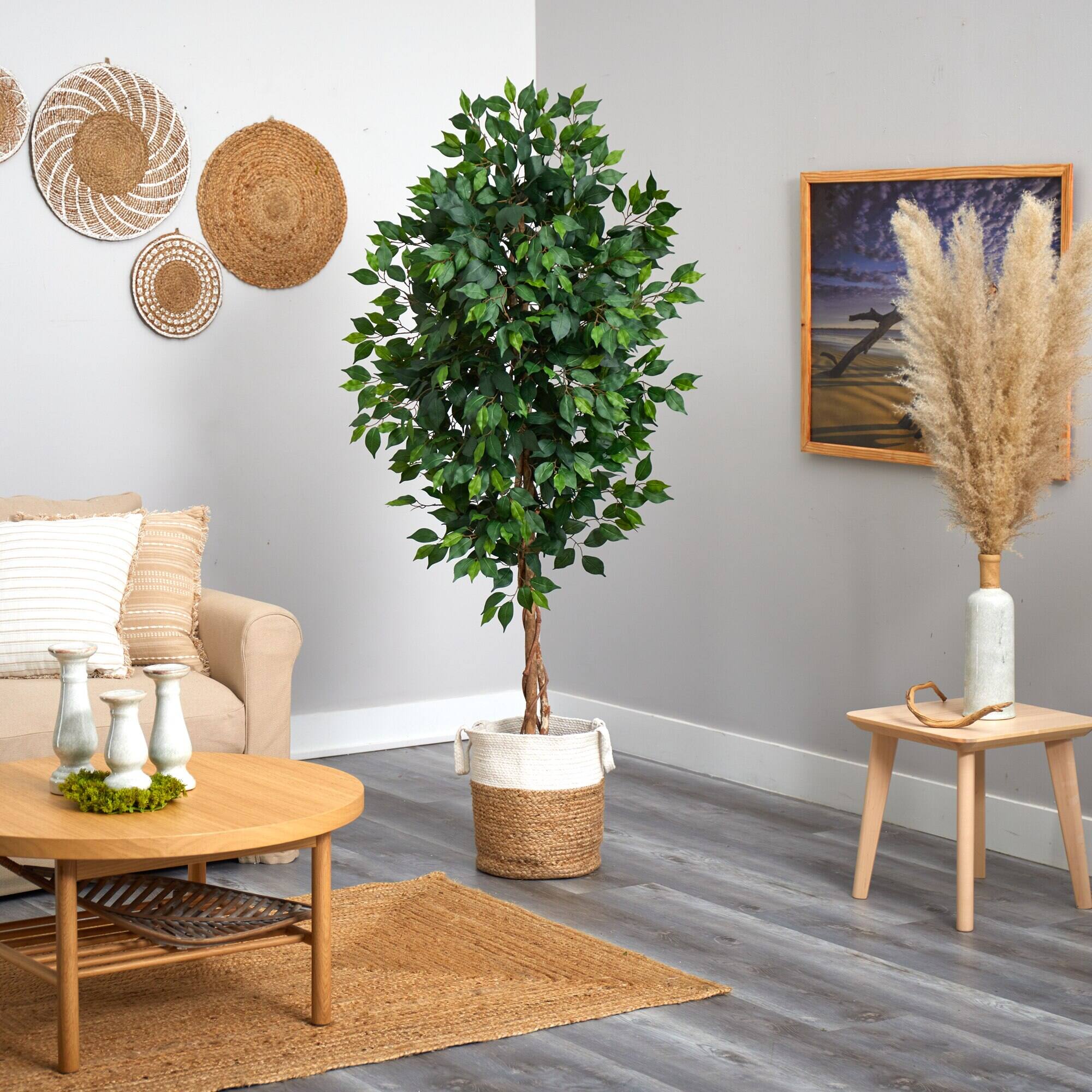 BreeBe 6' Ficus Tree in Handmade Natural Jute and Cotton Planter Green ...