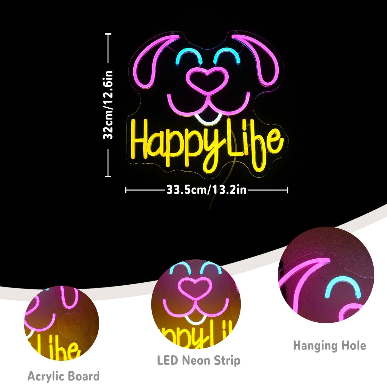 Auledio Happy Life Dog Neon Sign Adorable Puppy Neon Light Sign ...