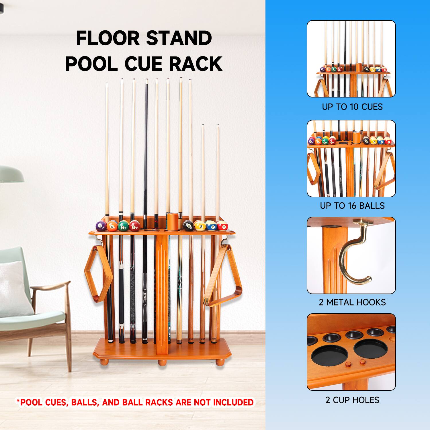 GSE Games & Sports Expert Wood 10 Floor Stand Pool Cue Rack Only Holds ...