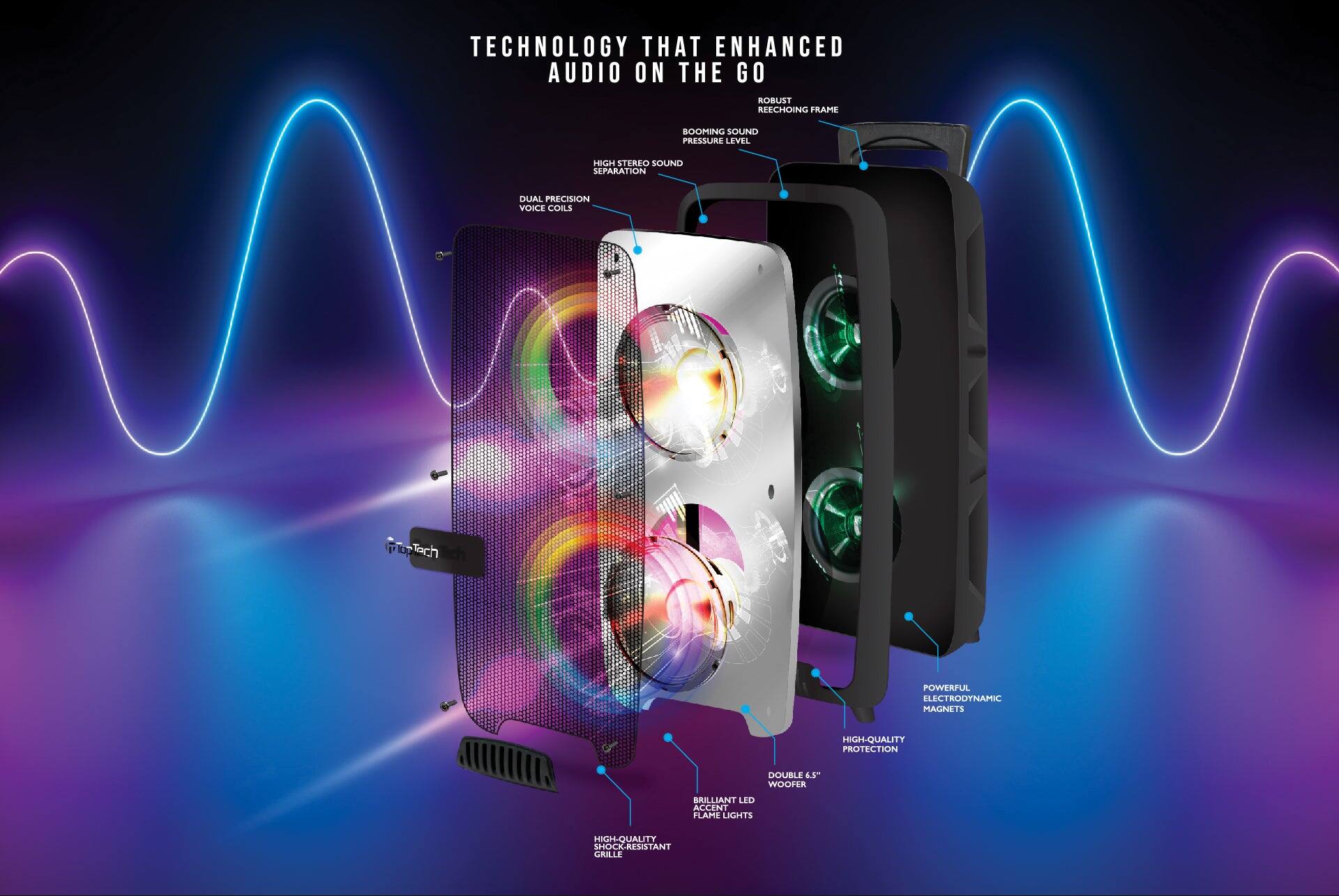 TopTech KL 60 2x6.5" Bluetooth Party Speaker with Multi color Disco ...