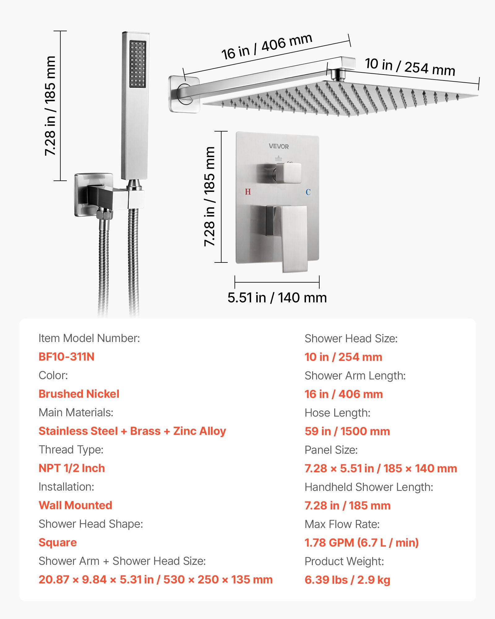 VEVOR Shower Faucet Set, Rainfall Bathroom Shower System with 10 Inch ...