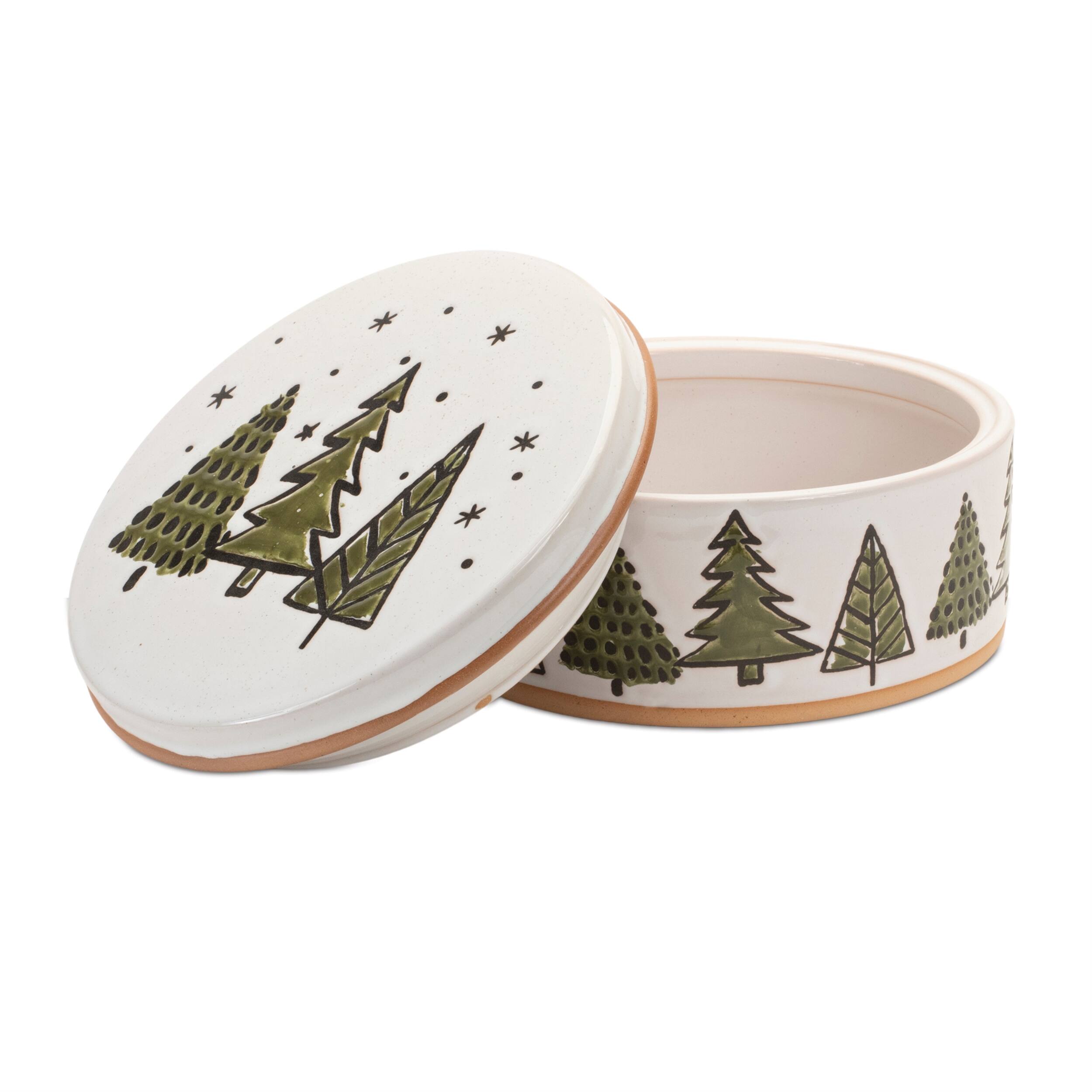 BreeBe Ceramic Pine Tree Canister with Lid 7.75"D Green, White, Beige ...