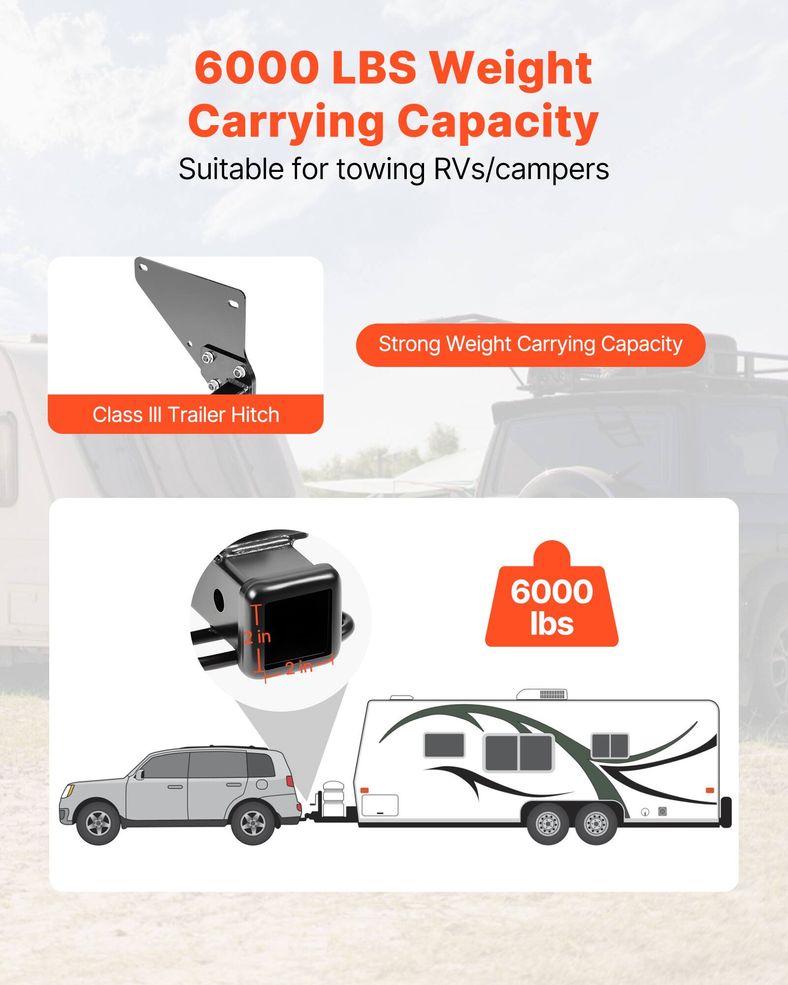 VEVOR Class 3 Trailer Hitch, 2 Inch Receiver, 6000 lbs, Q345B Steel Tube Frame, Compatible with ...