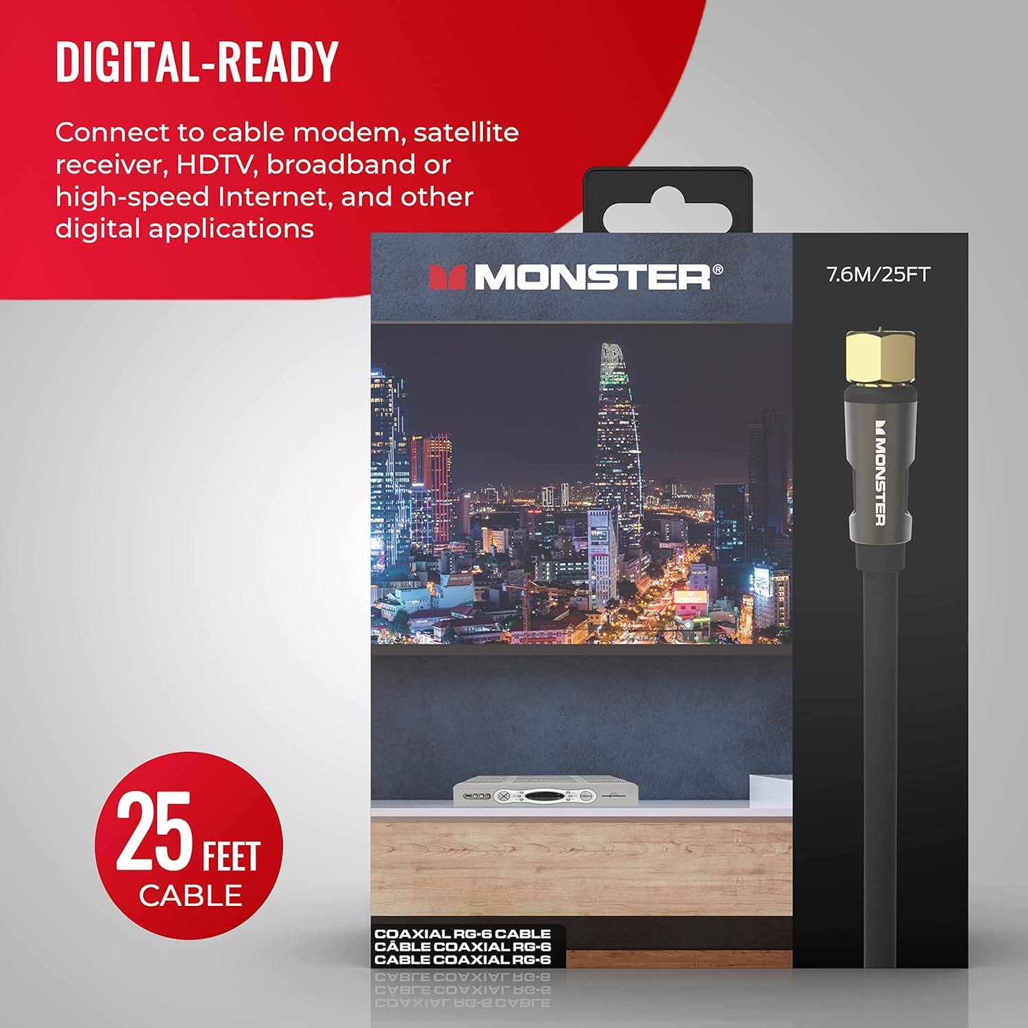 Monster Essentials RG 6 Coax Cable 25FT – Gold Plated F Pin, Metal ...