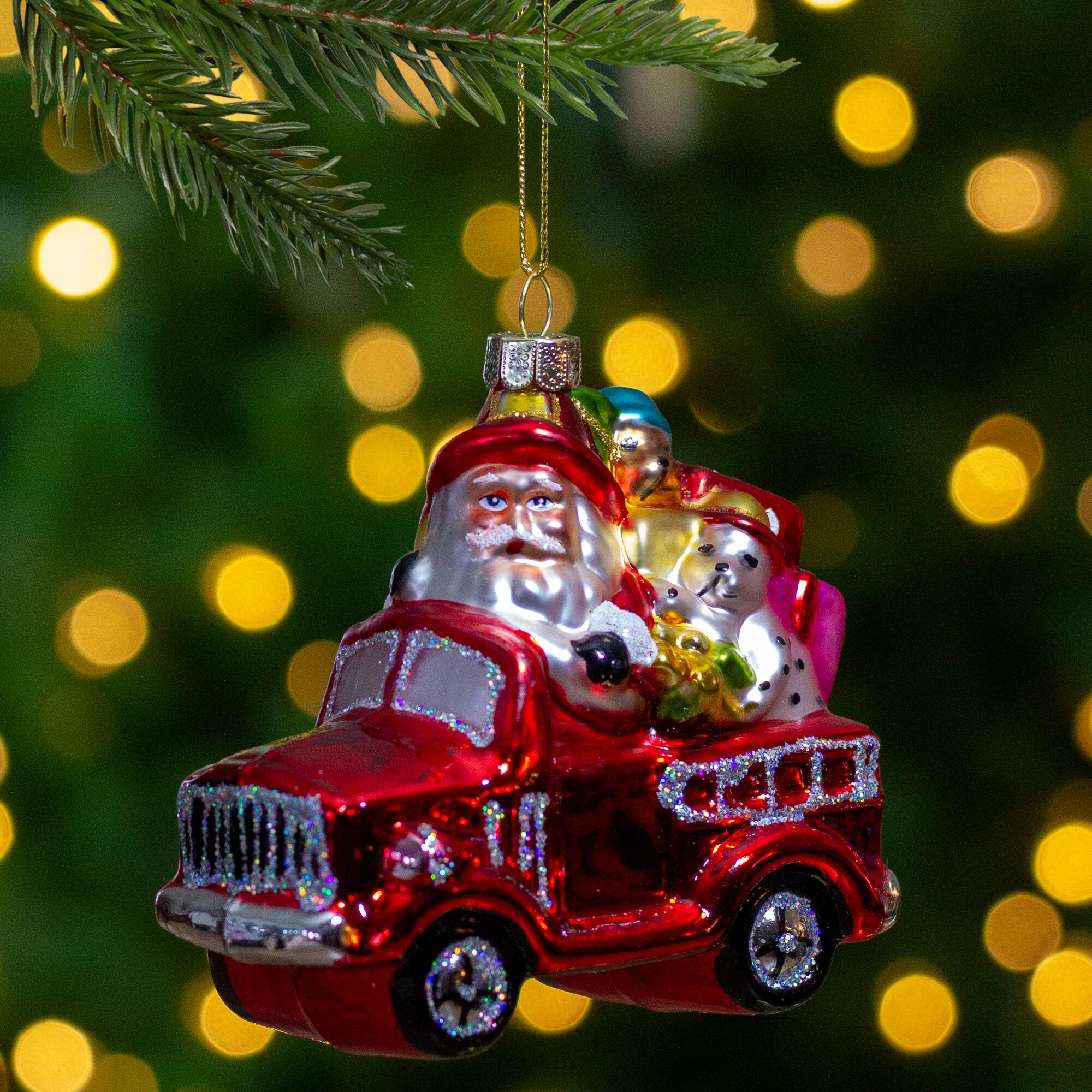 Northlight Fire Truck with Santa and Presents Glass Christmas Ornament ...