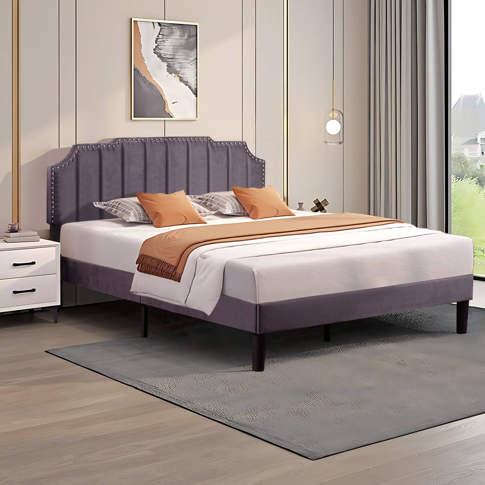 Vecelo Queen Upholstered Platform Bed Frame with Tufted Adjustable Headboard/Mattress Foundation ...