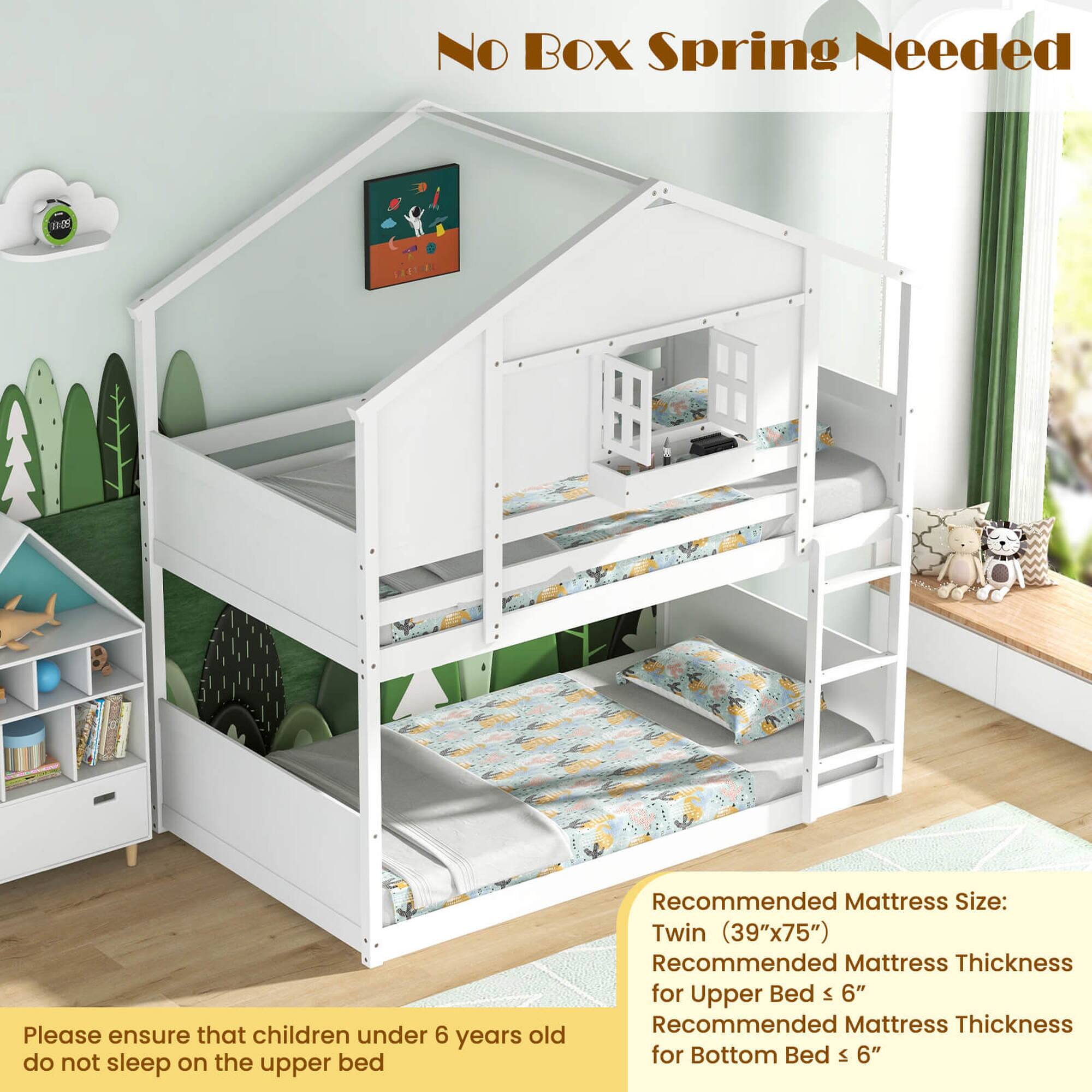 Costway Twin Over Twin Bunk Bed for Kids with Roof Lockable Window ...