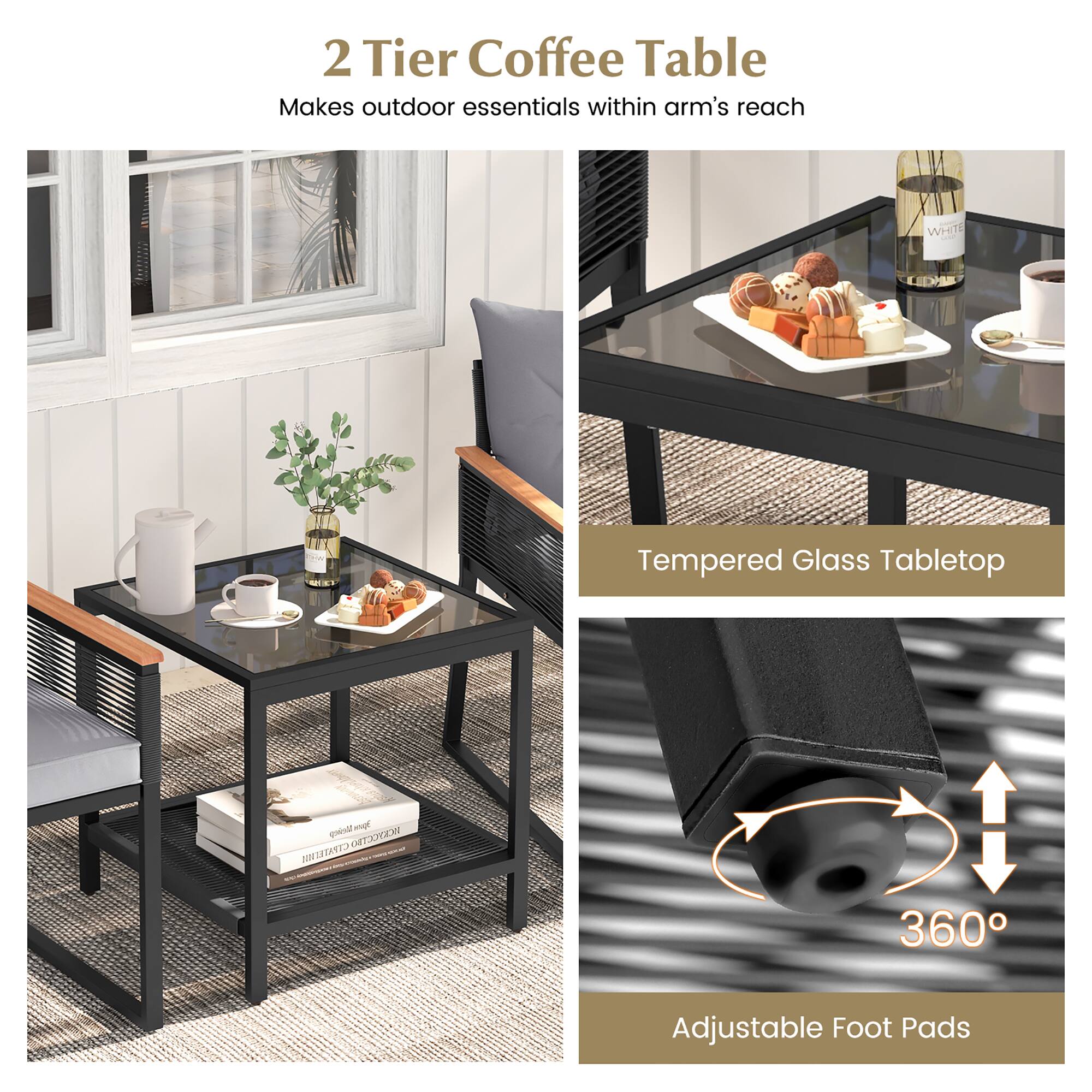 Gymax 3 PCS Patio Furniture Set PE Rattan Wicker Chairs w/ 2 Tier ...