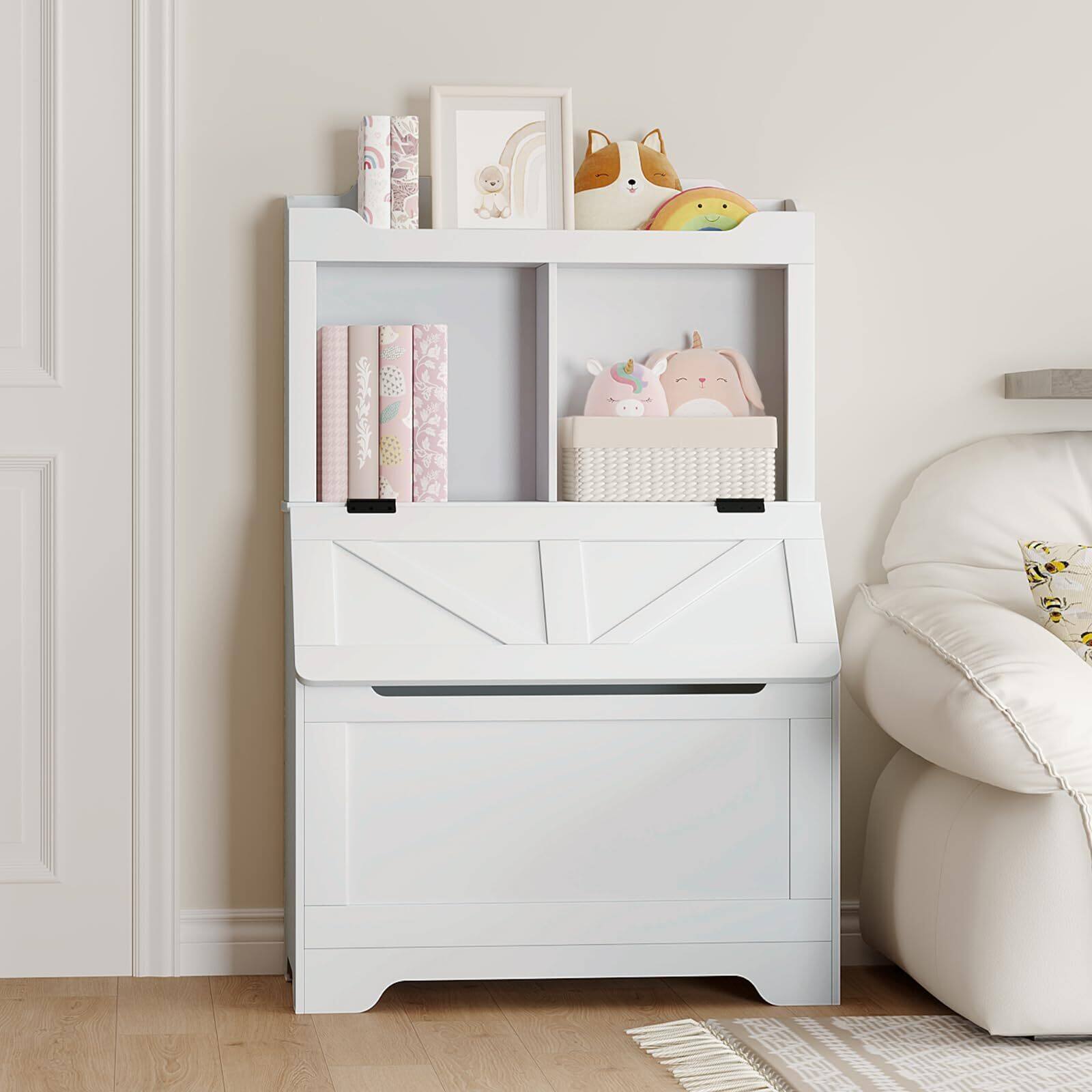 Babevy Kids Bookshelf and Storage Organizer, Box Chest with Top Lid ...