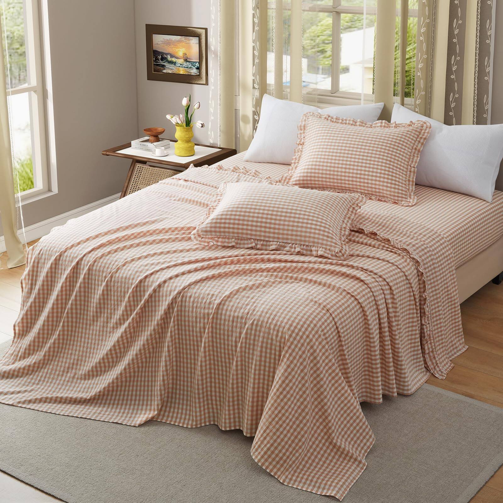 Dapper Styles Plaid Ruffle Sheets Set Cotton Gingham Sheet Linen Feel ...