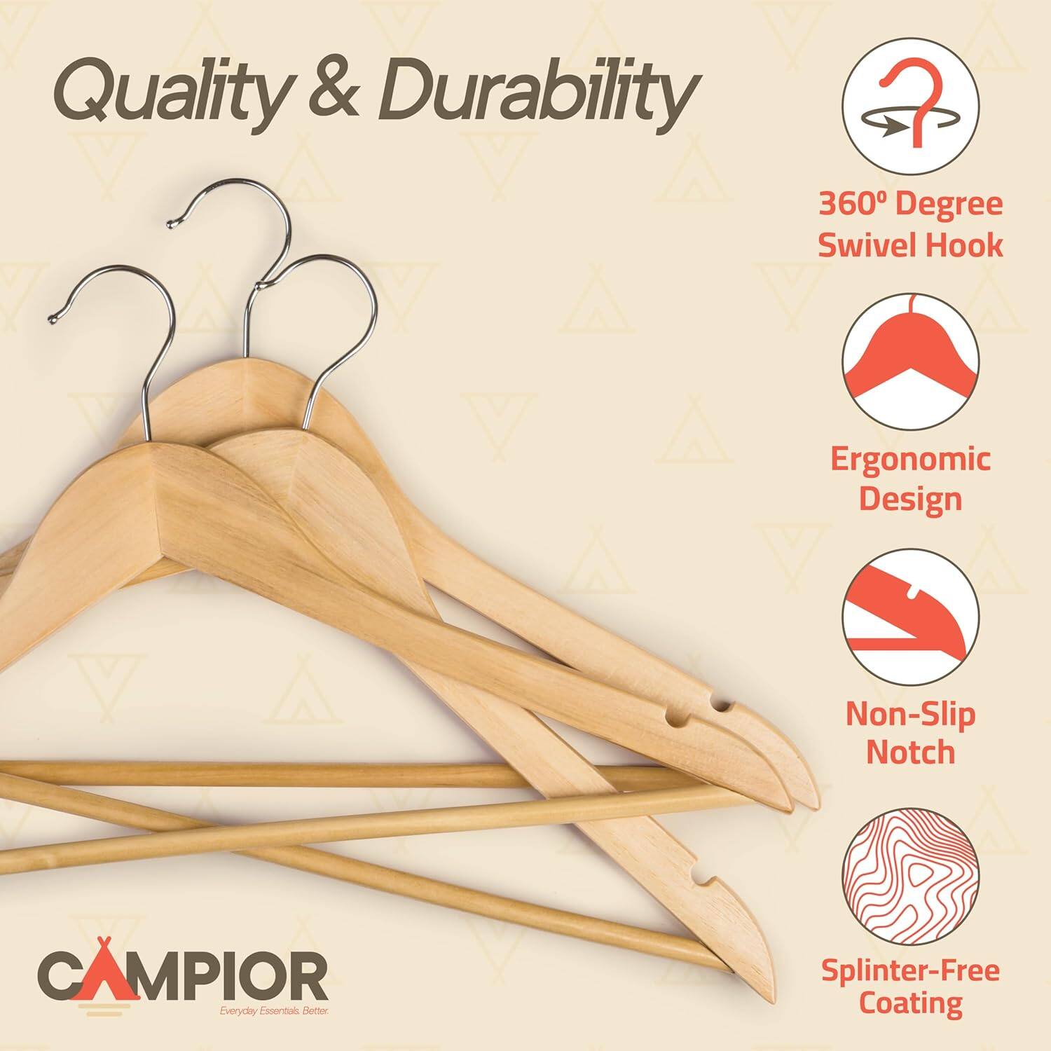 Campior Wooden Hangers – 50 Pack, 360° Swivel Hook, Non Slip, Pants Bar ...