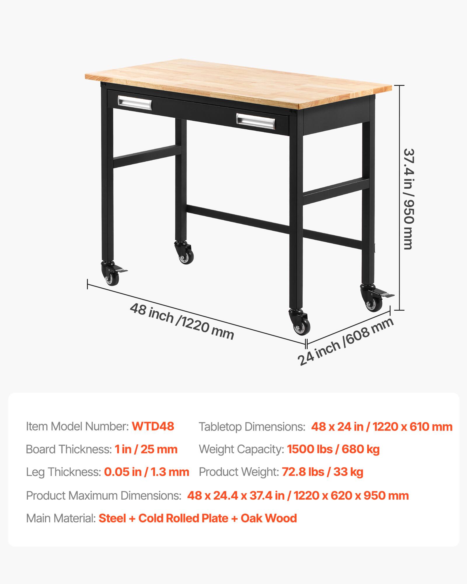 VEVOR 48 inch Workbench, 1500 lbs Load Capacity, Garage Workbench with ...