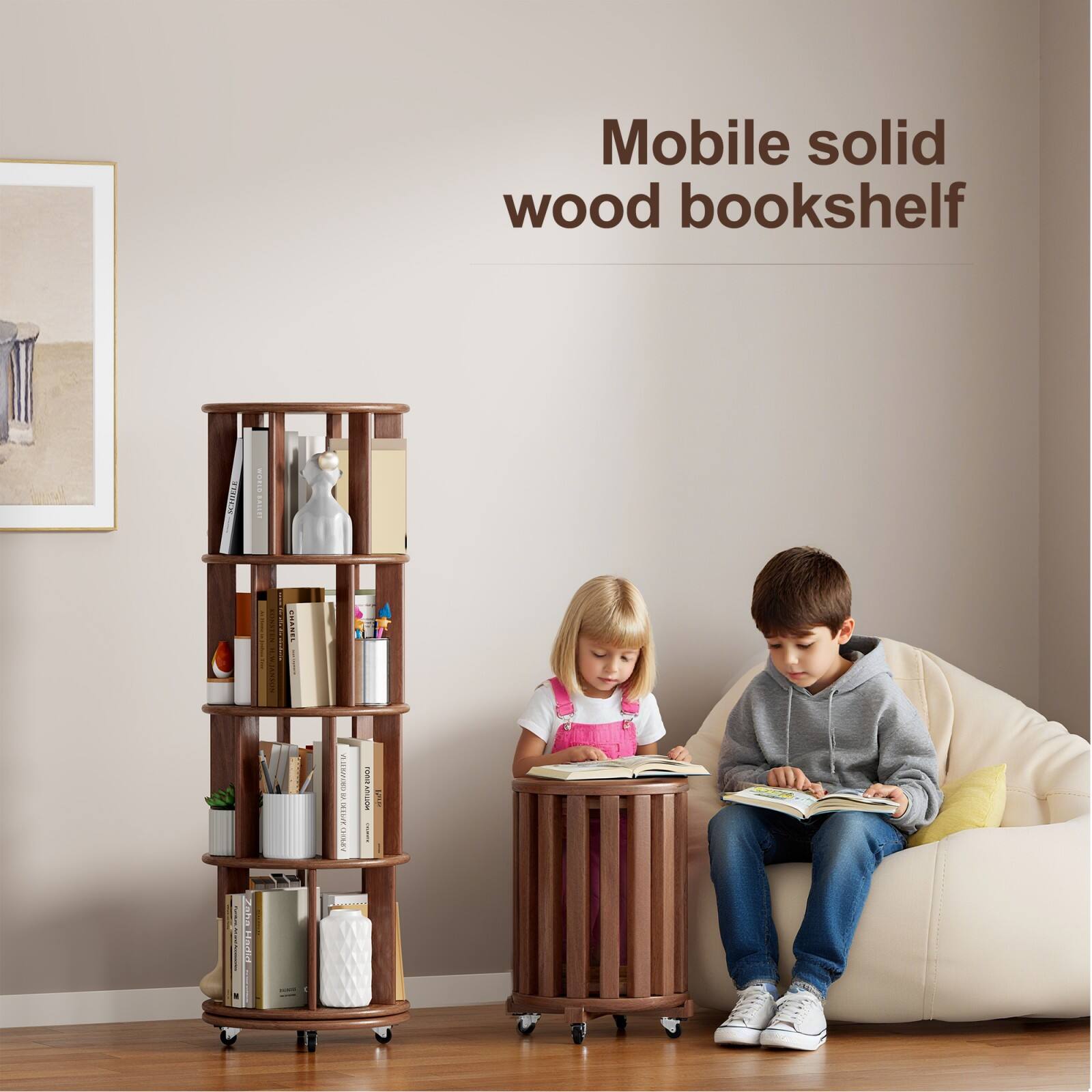 Ecooso 100%Solid Wood Rotating Bookshelf on Wheels, 4 Tier, 360 ...