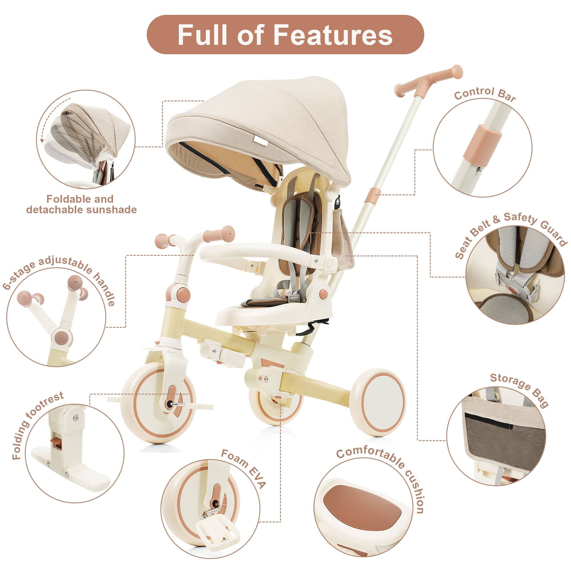 Lirago 7 in 1 Baby Tricycle Stroller Foldable Toddler Push Bike with ...