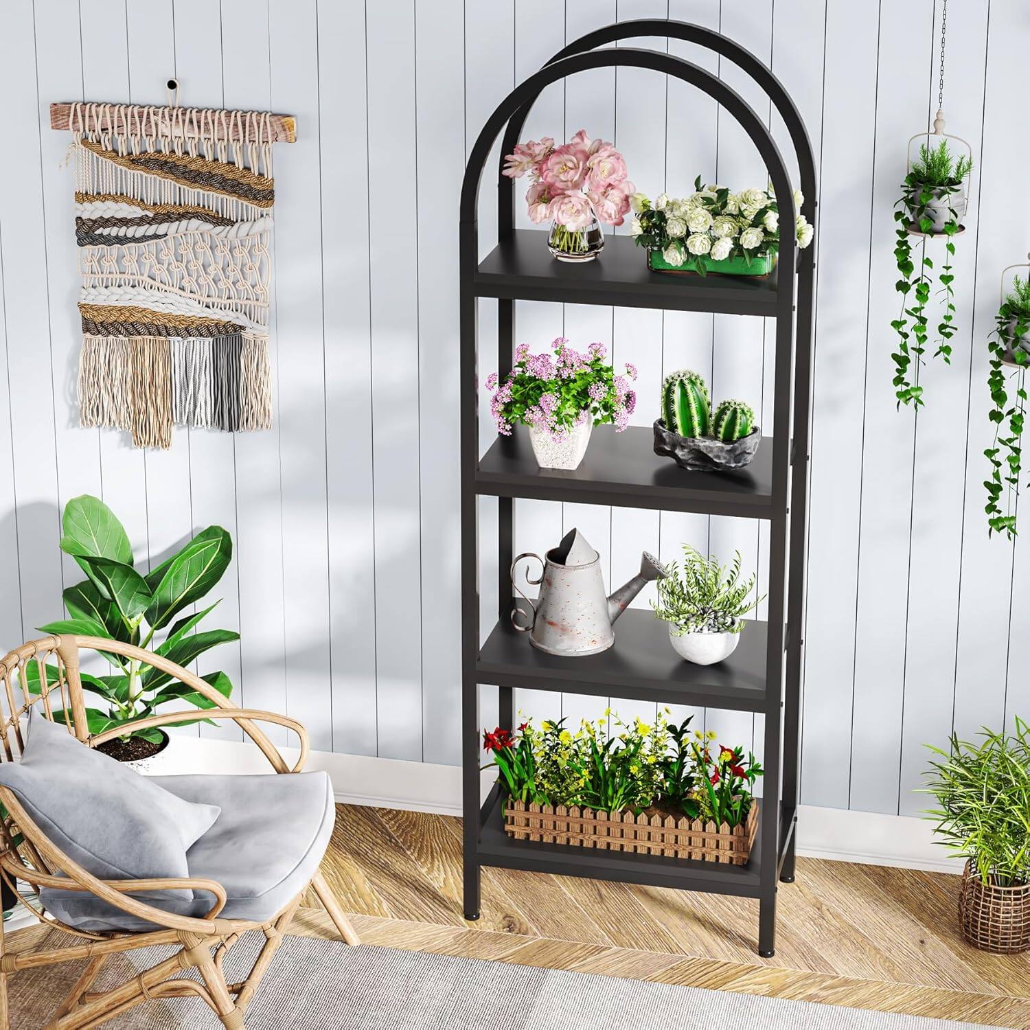 TinyHomie 70.86in Tall 4 Tier Industrial Arched Open Bookshelf Storage ...