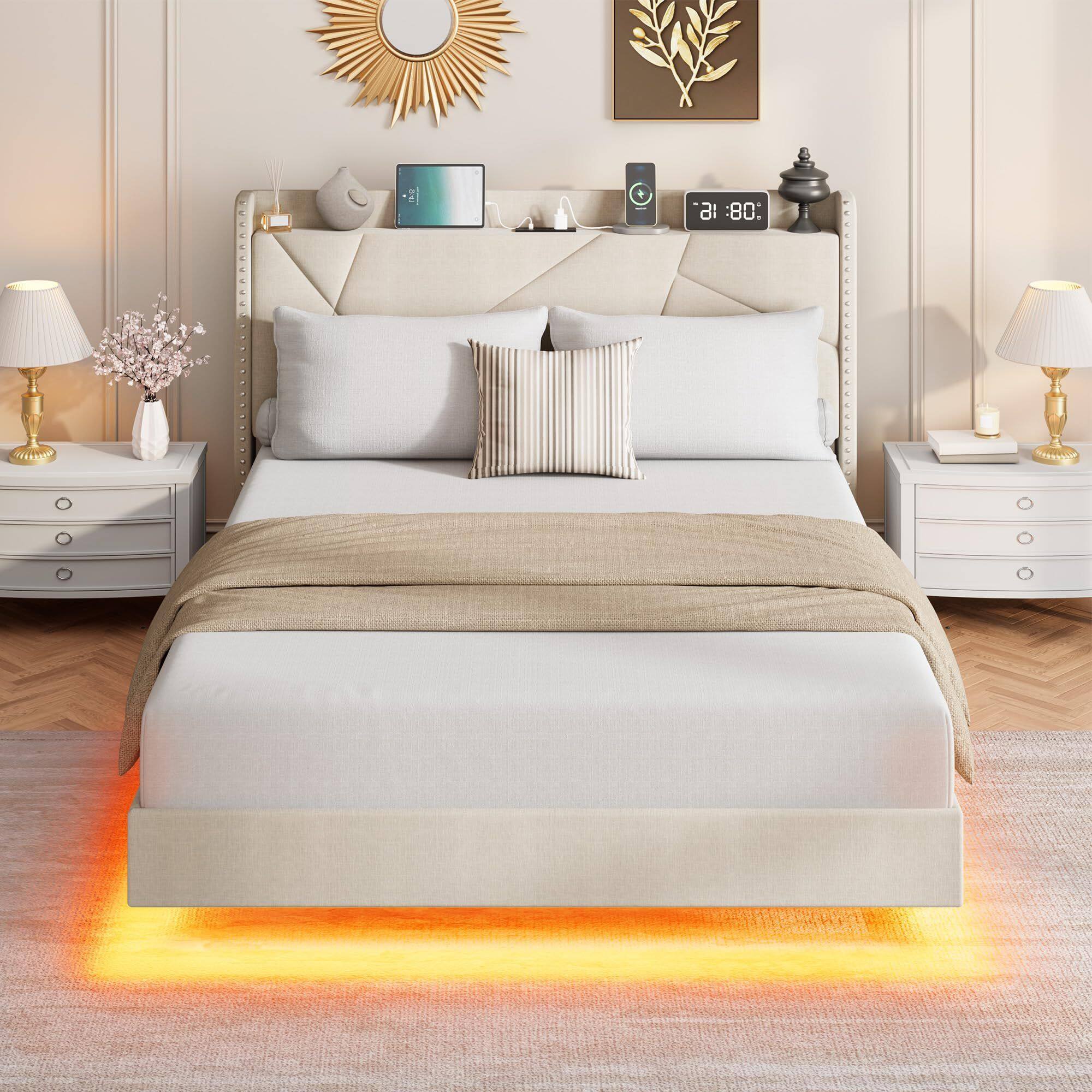 Acekool Floating Bed Frame, with RGB LED Lights and Charging Station ...