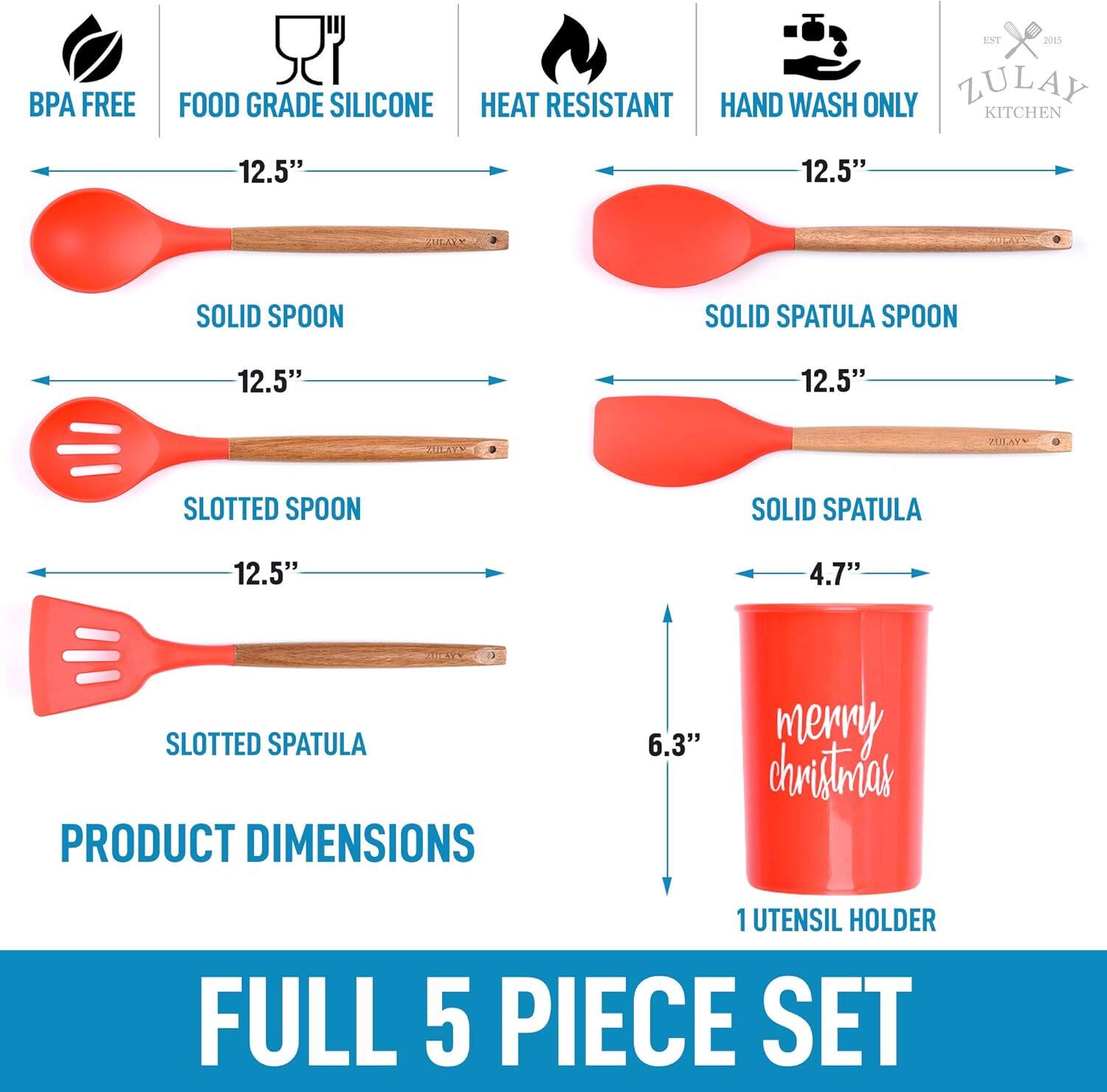 Zulay Kitchen Non Stick Silicone & Acacia Wood 5 Piece Cooking Utensil ...