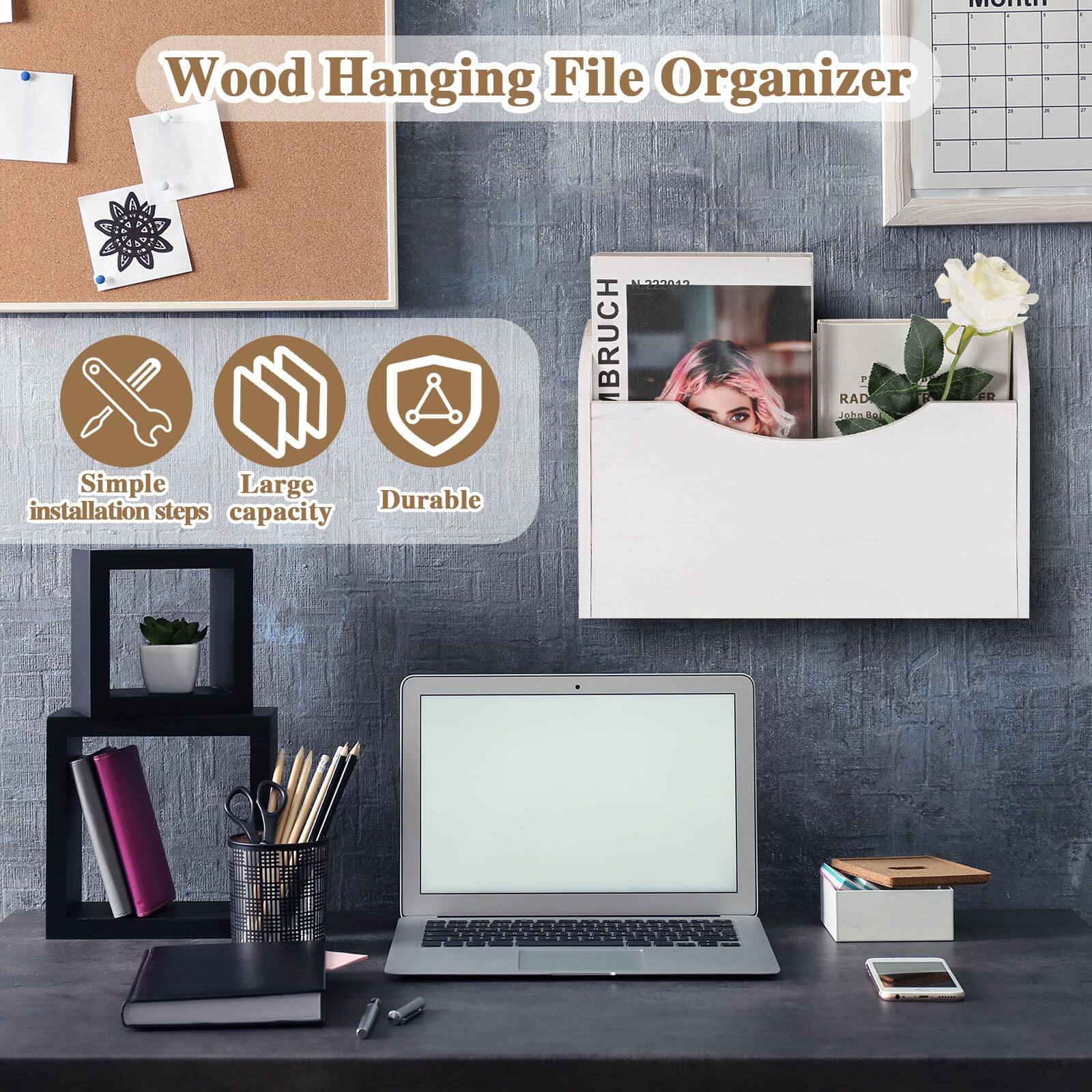 Dapper Styles Wall Mounted File Holder Wood Magazine Hanging Organizer For Office Mail Letter ...
