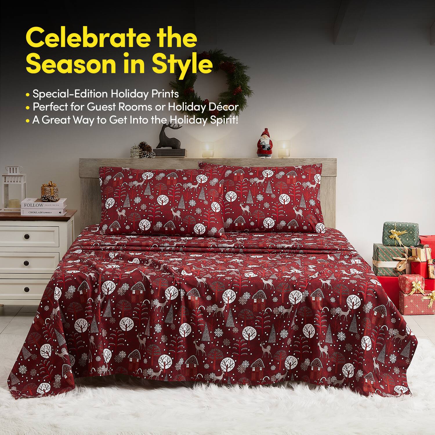 Sweet Home Collection Printed Holiday 4pc Sheet Sets, Easy Care, Soft ...