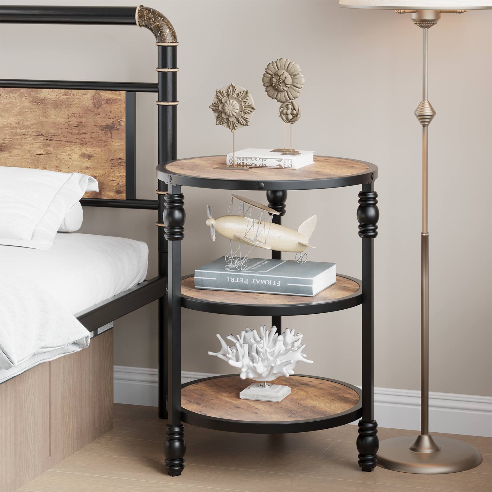 Jojoka Round End Table with Storage Shelves, 3 Tier Farmhouse Side ...