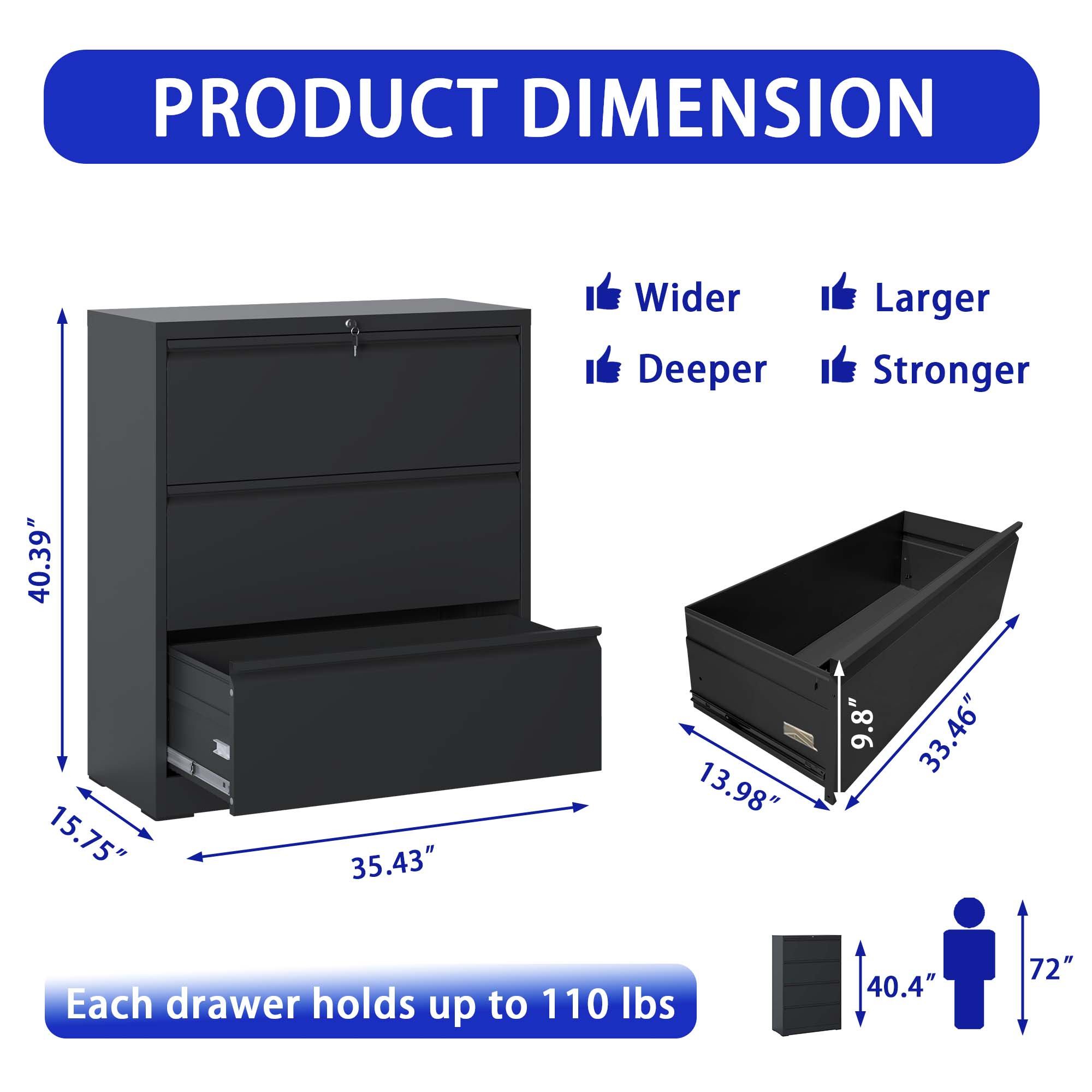 Boyel Living 3 Drawer Metal Lateral File Cabinet with Lock, Office ...