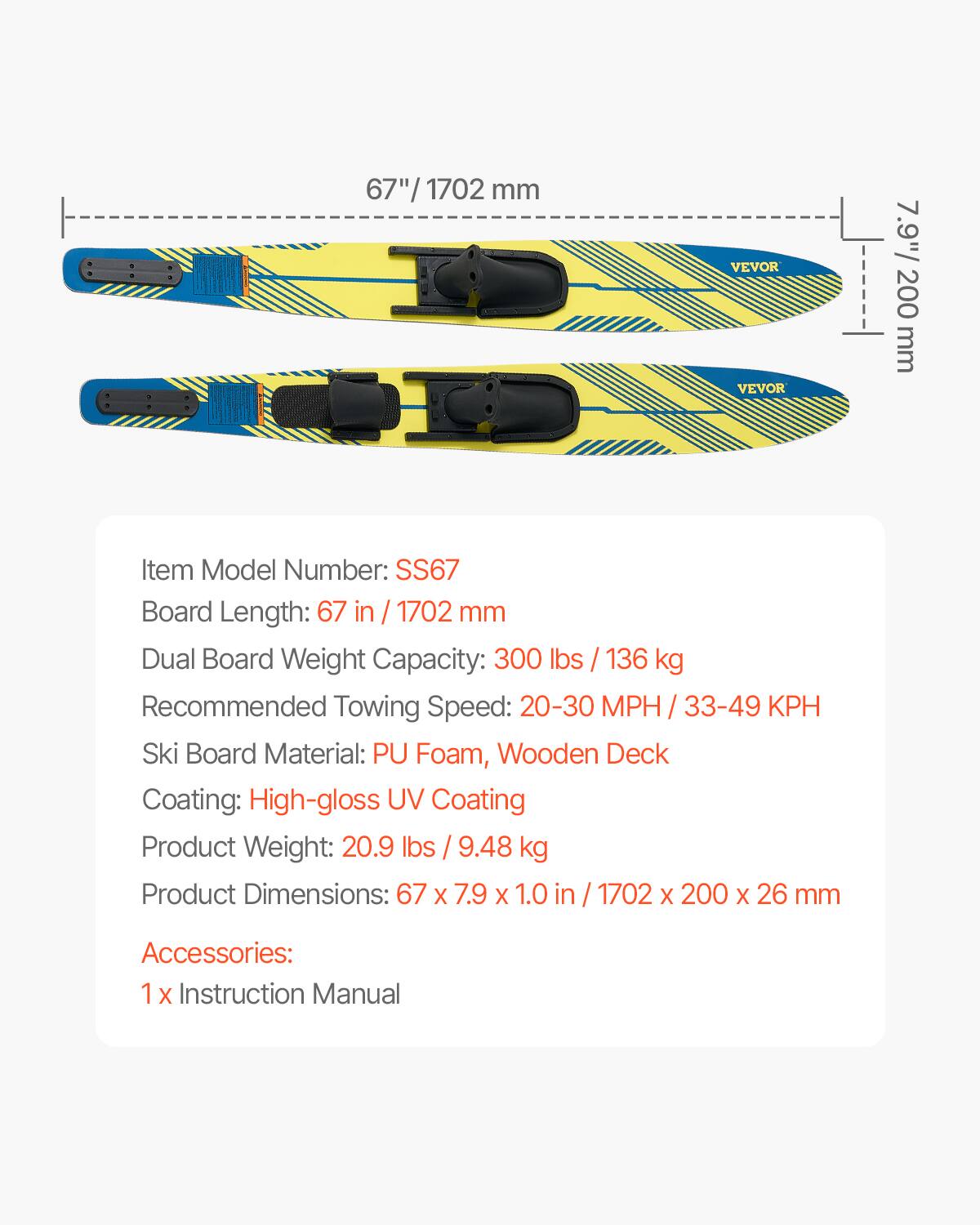 VEVOR 67" Water Skis, Adult Water Ski with X 9 Adjustable Horseshoe ...