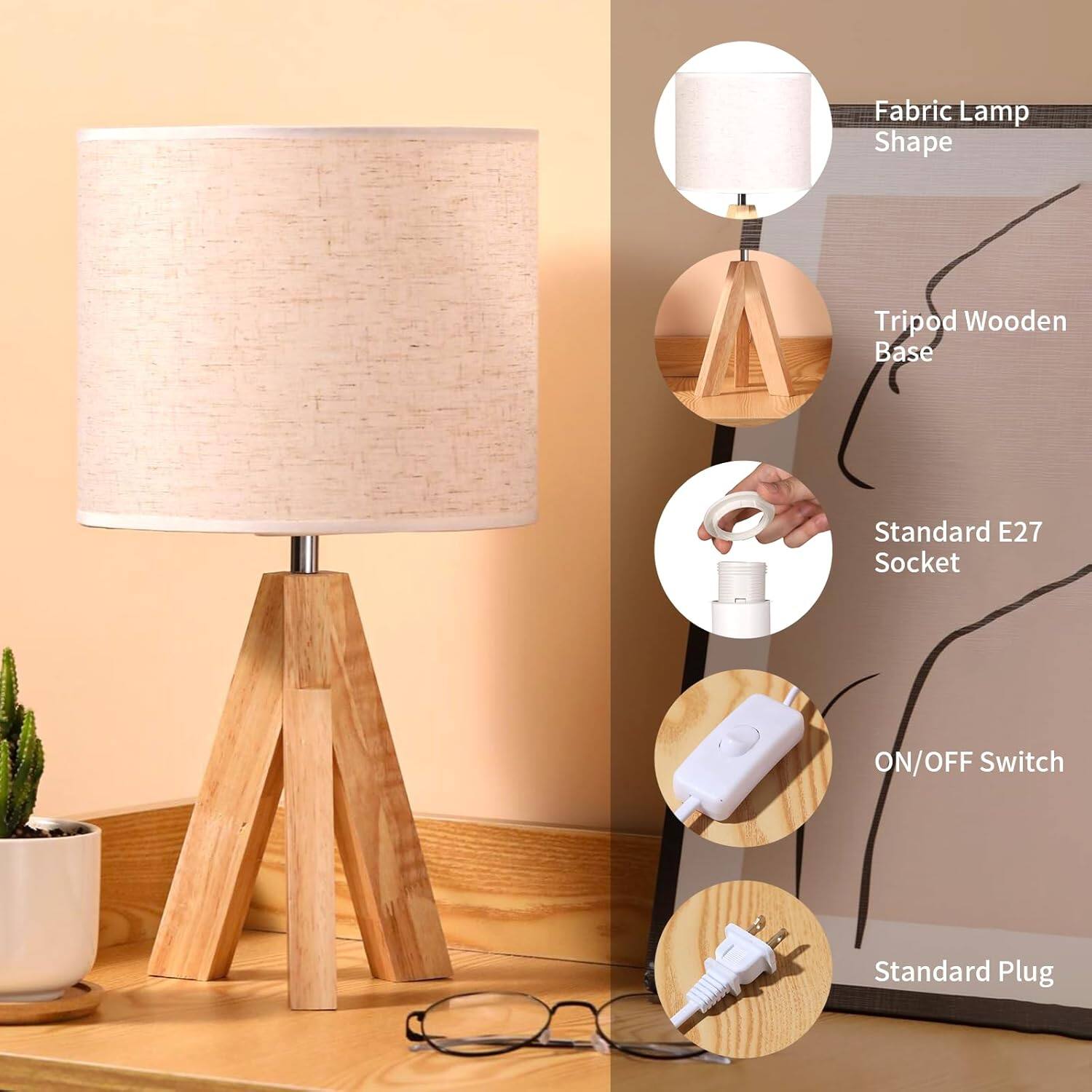 Stamp n Camp Table Lamp Tripod Desk Lamp with Linen Fabric Lampshade 14 ...