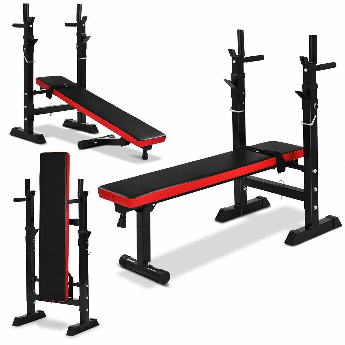 SKONYON Folding Adjustable Weight Bench with Barbell Rack Red + Black ...
