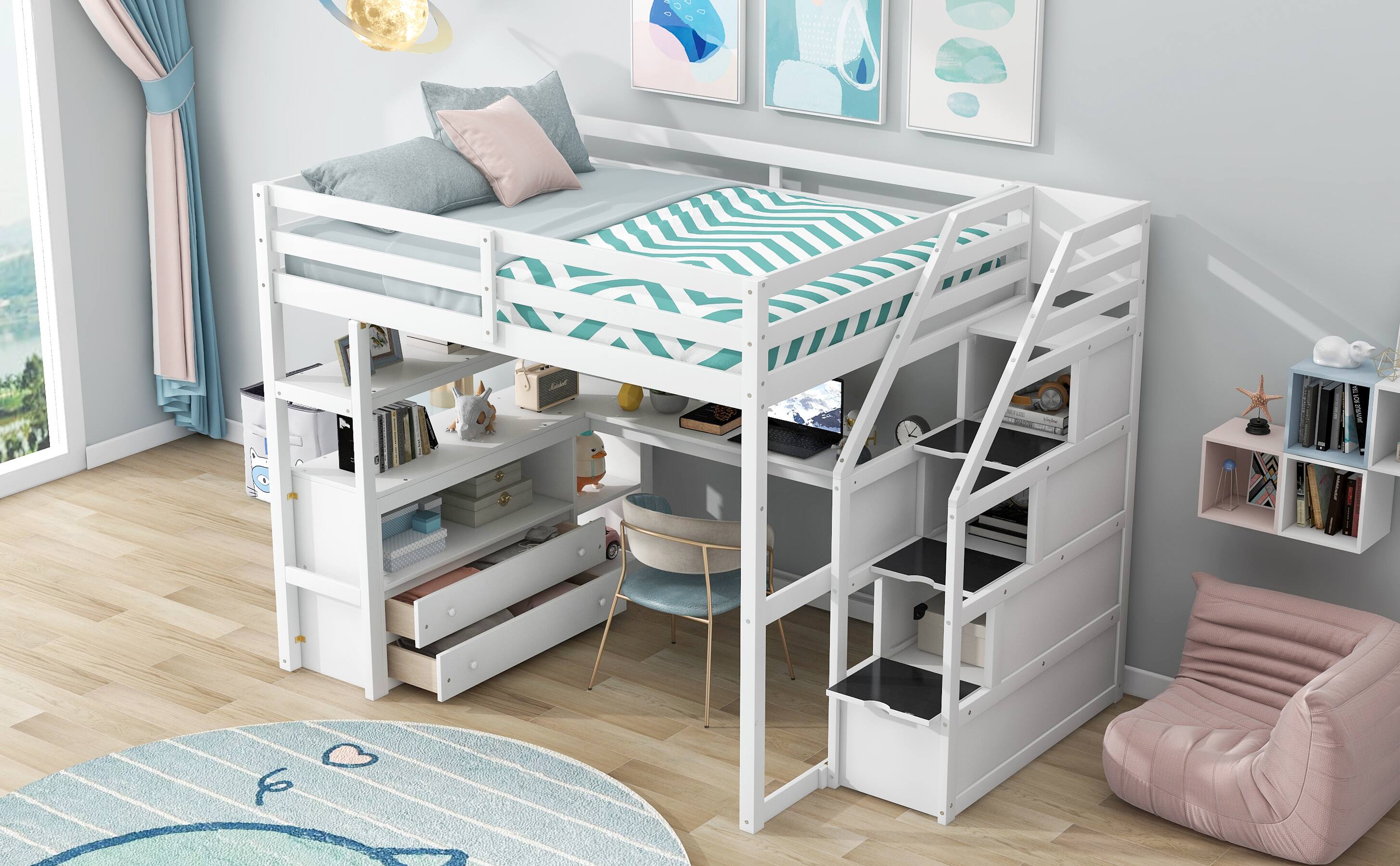Tiramisubest Full Size Loft Bed with Desk, Shelves, Drawers & Storage ...