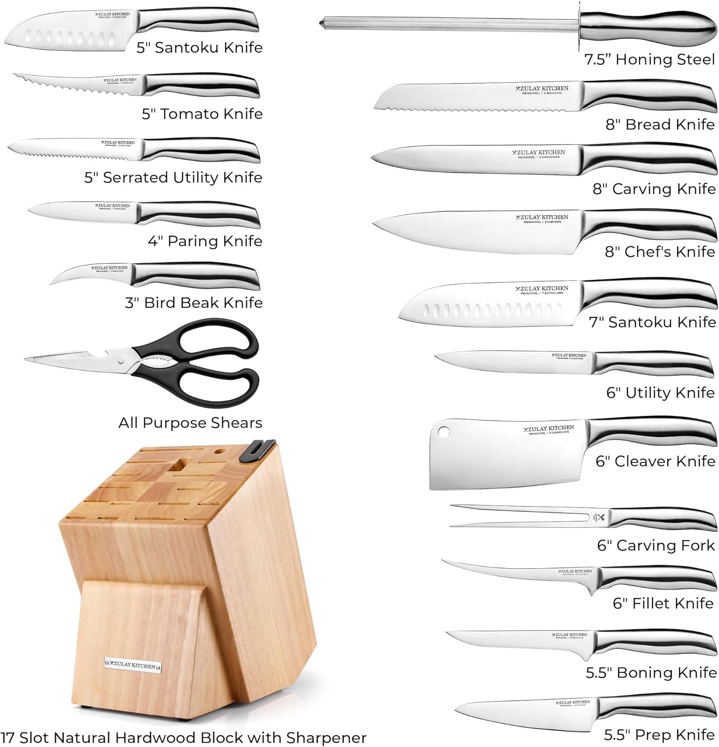 Zulay Kitchen 18 Piece Stainless Steel Knife Set with Block and ...