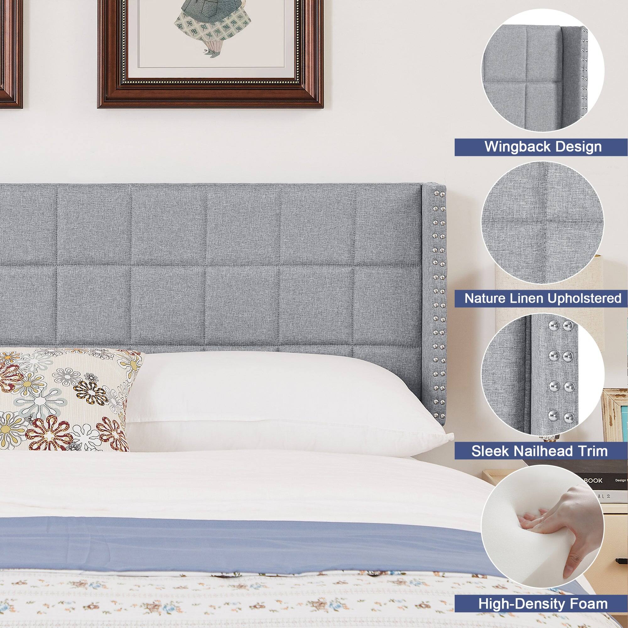 Vecelo Adjustable Linen Queen Headboard with Wingback, Tufted ...