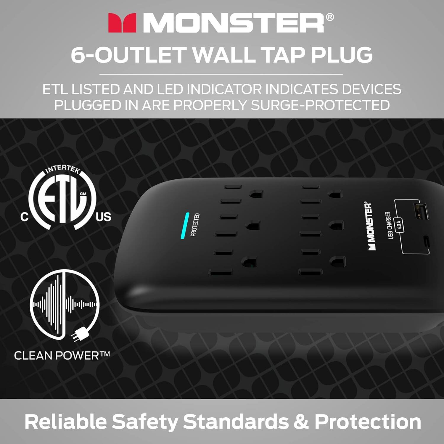 Monster Wall Tap Plug 6 Outlet Extender with Outlet Surge Protector ...