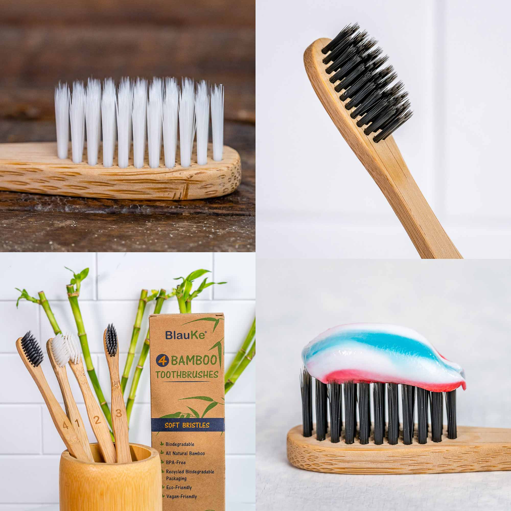 BlauKe Bamboo Toothbrush Set 4 Pack Bamboo Toothbrushes with Soft ...