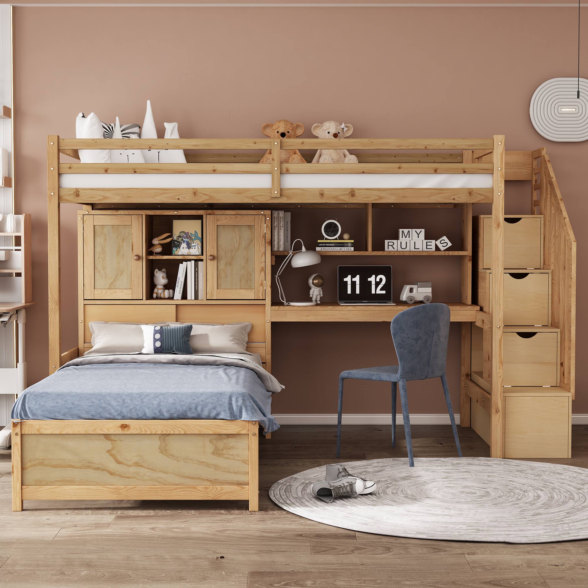 Tiramisubest Twin over Twin Loft Bed with Desk, Staircase, Storage ...