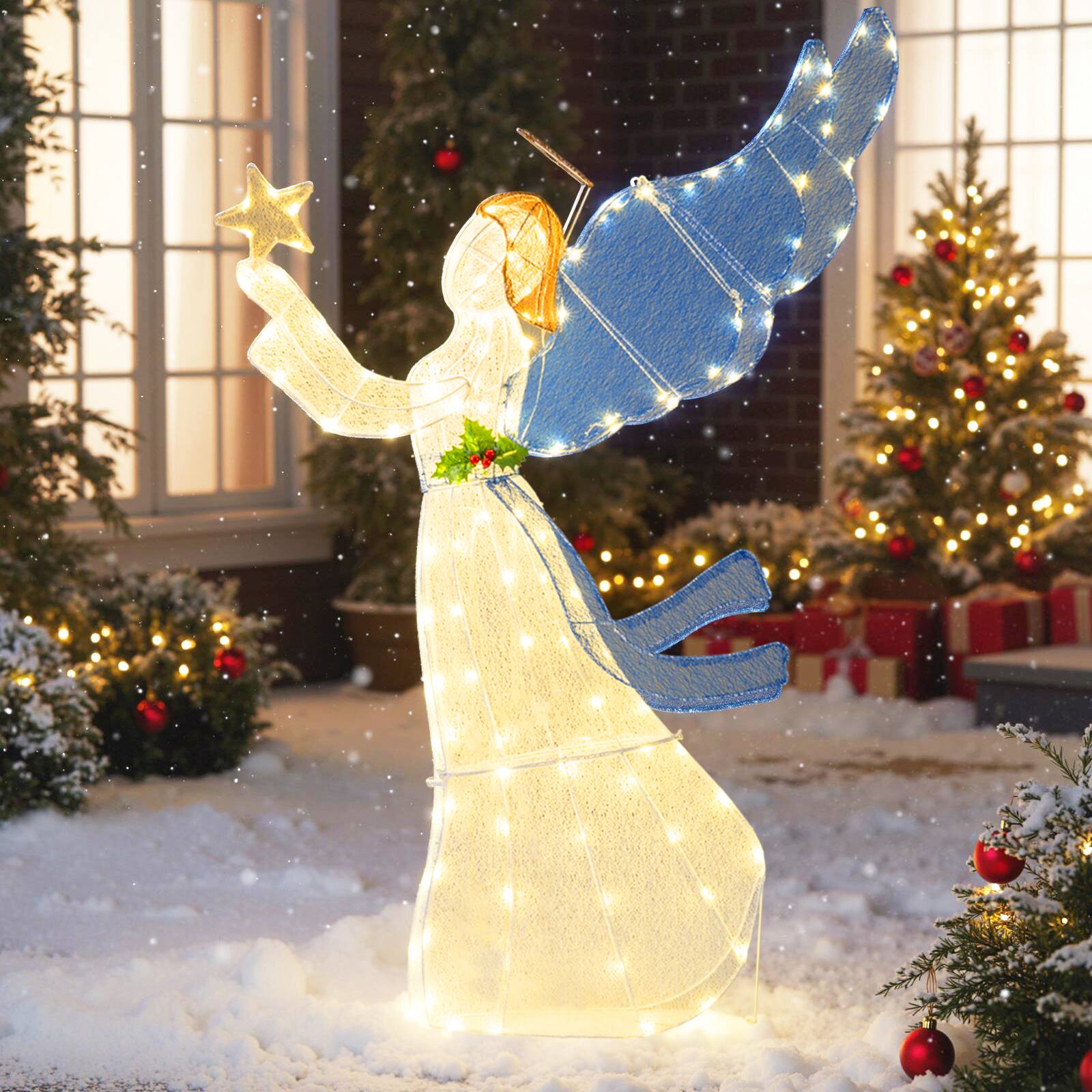 Costway 5 Ft Lighted Christmas Angel with Star Halo Spreading Wings ...