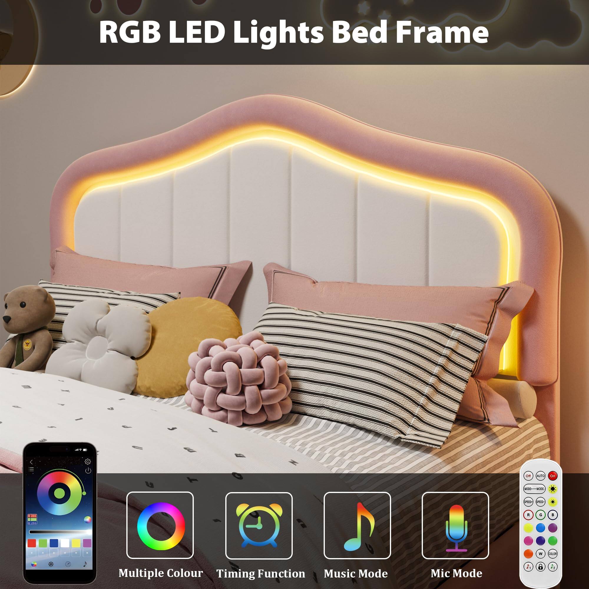 Jojoka Twin XL Velvet Upholstered Bed Frame with LED Lights, Storage ...
