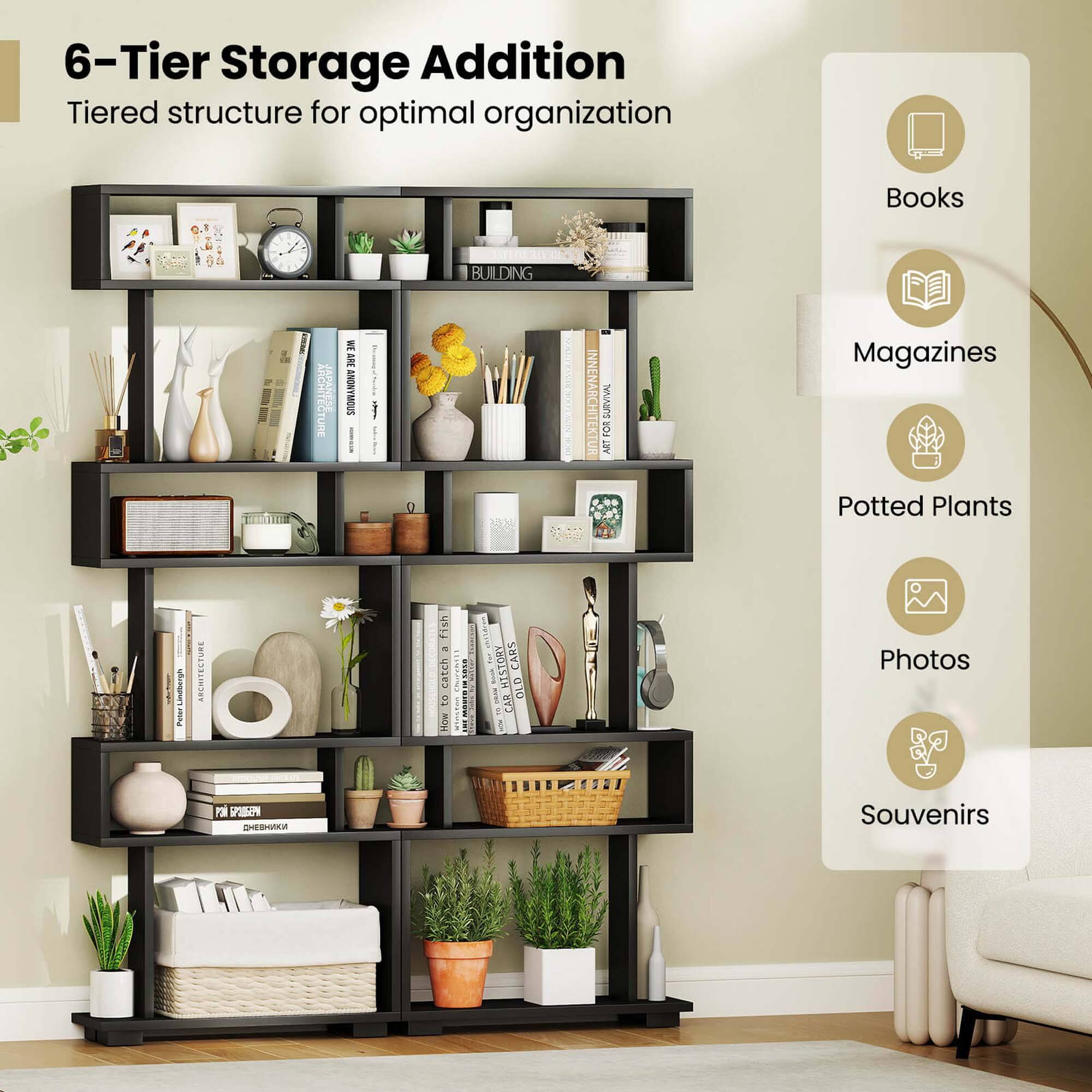 Costway 1 PCS Bookcase 6 Tier Bookshelf with Anti Tipping Kit ...