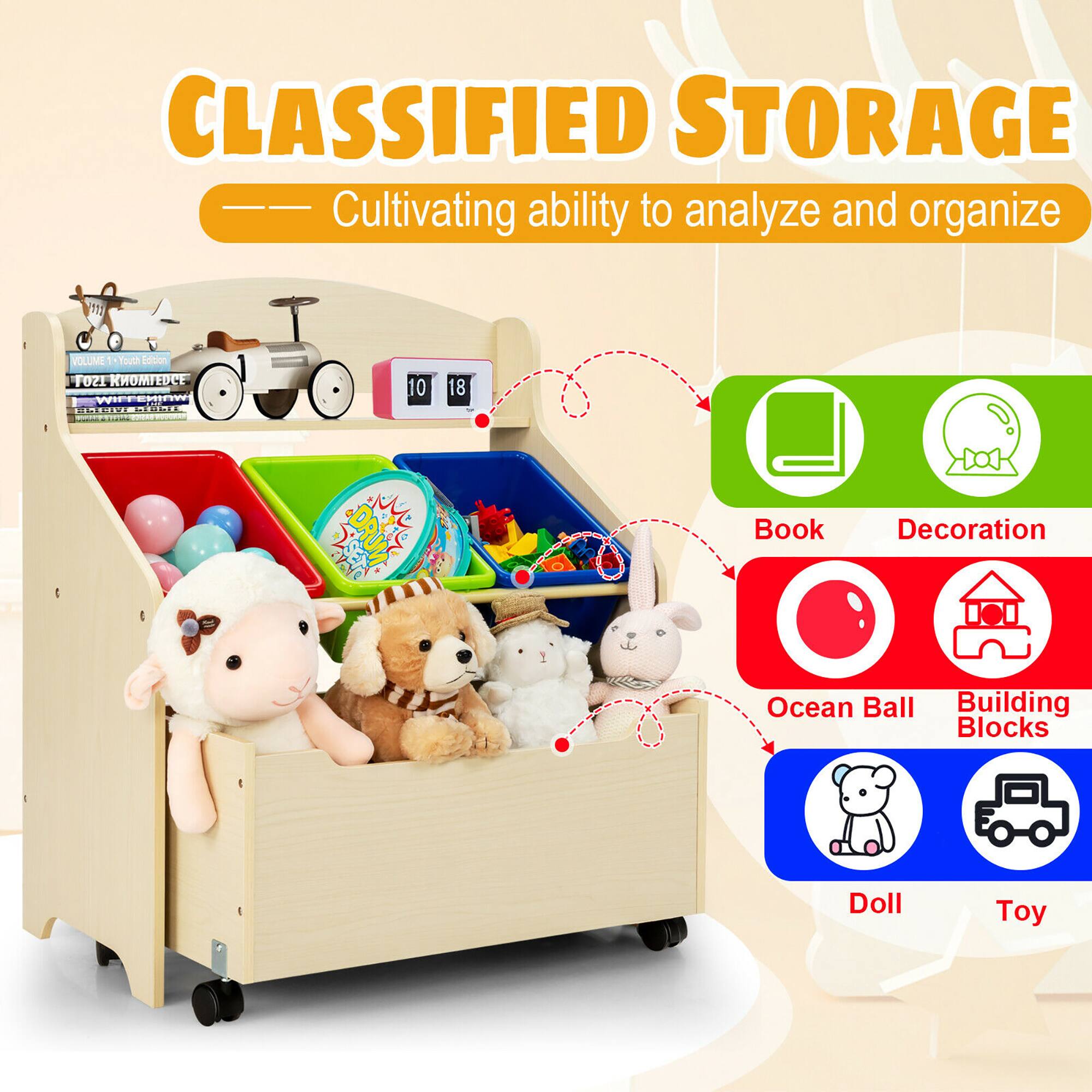 Costway Kids Wooden Toy Storage Unit Organizer w/Rolling Toy Box ...