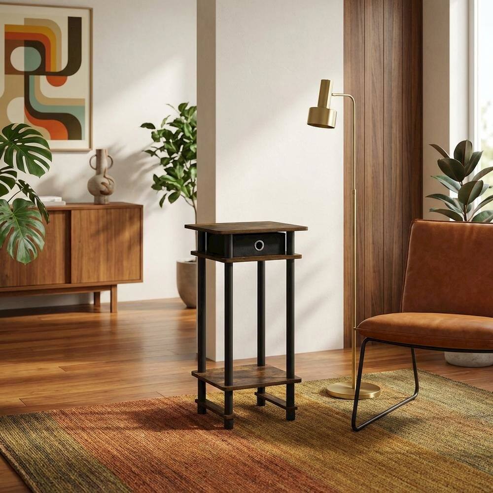 FurniFact Amber Pine and Black Finish Tall End Tables with Storage Bins ...