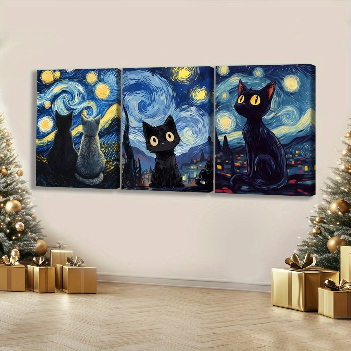 blue 3pcs Wooden Framed Canvas, Van Gogh Starry Night Black and White ...