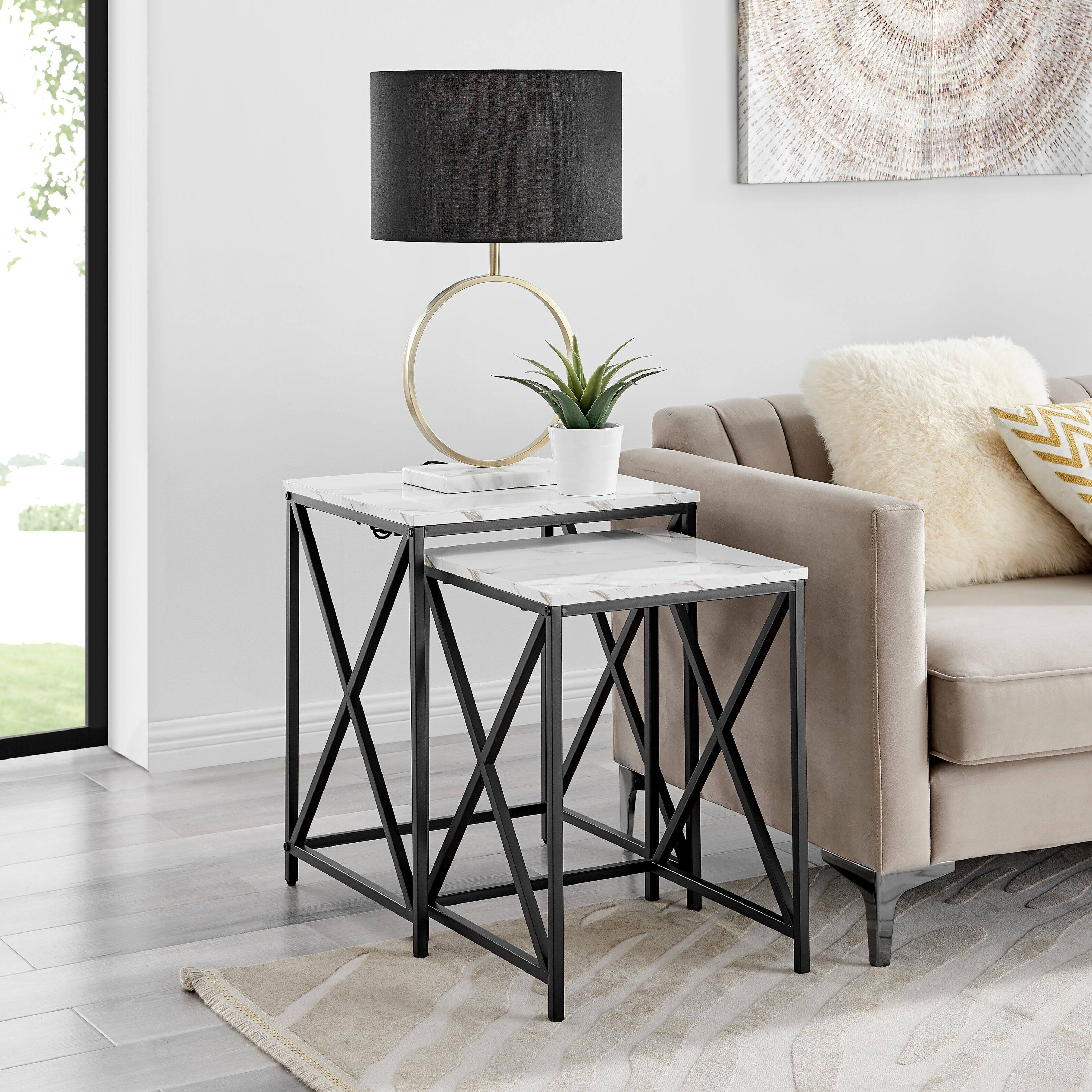 Danya B Modern Square Marble Finish Veneer Top Black Metal Frame Nesting End Tables Set of 2 ...
