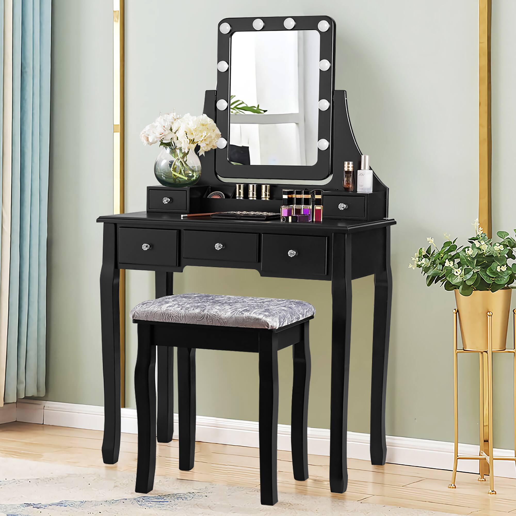 Costway Vanity Dressing Table Set w/ 10 Dimmable Bulbs Touch Switch ...