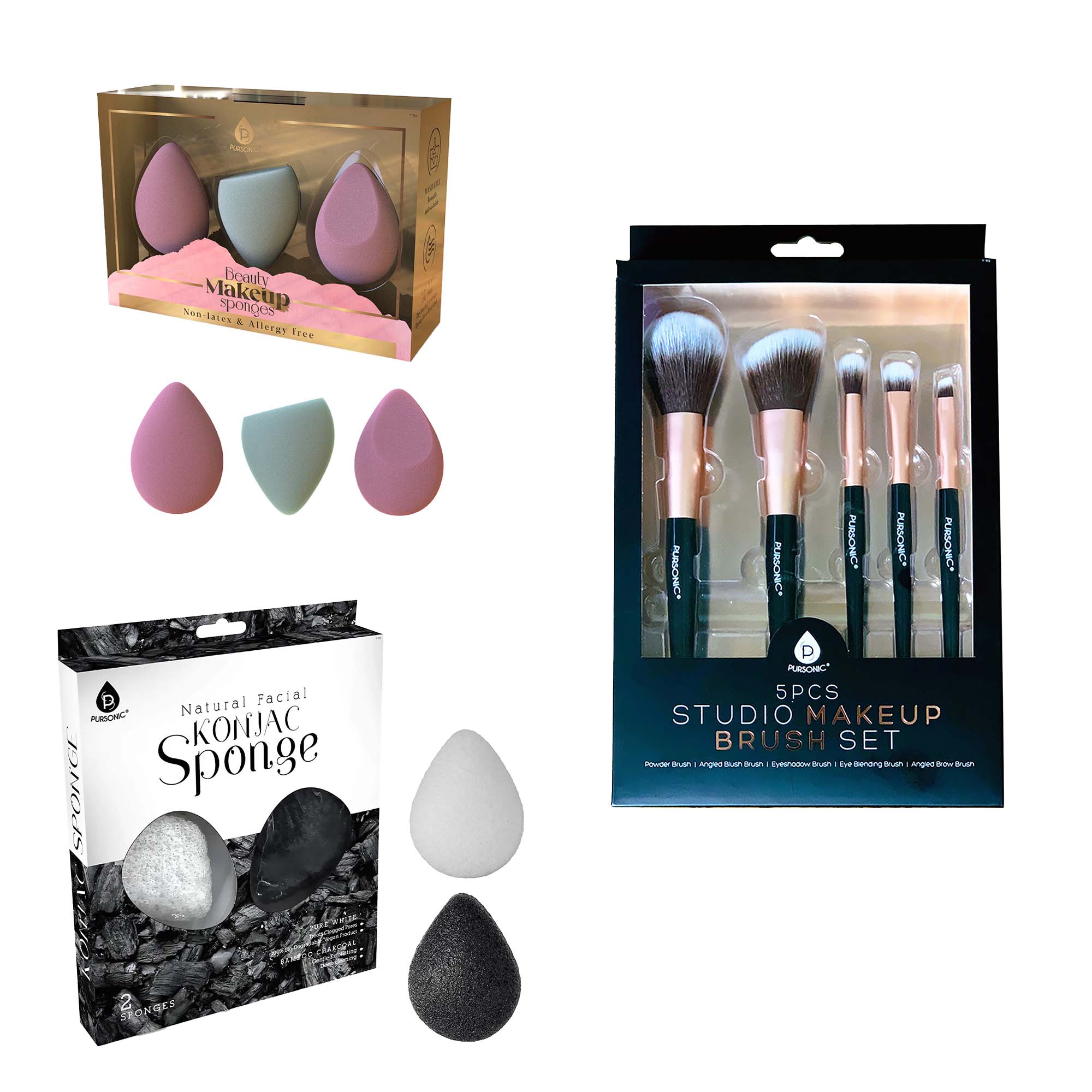 Pursonic Flawless Beauty Essentials Bundle – Includes 3 Pack Multi Shape Makeup Sponges, Natural ...