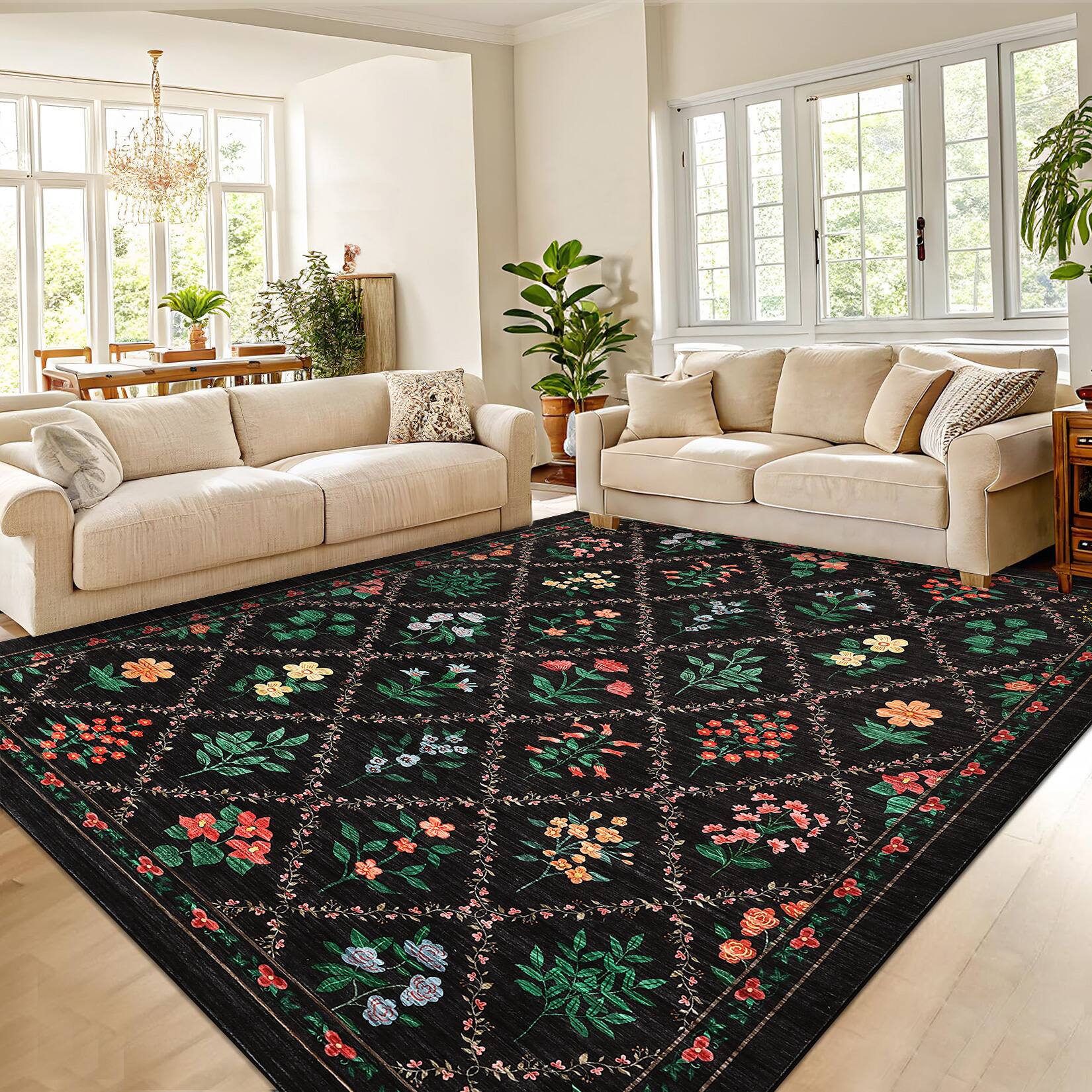 GARVEE Pastoral Flower Pattern Washable Area Rug Vintage Geometric Design Ultra Thin Non Slip ...