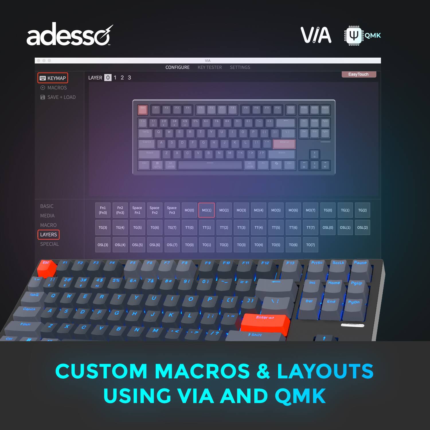 Adesso EasyTouch 1100 Wired/Wireless/Bluetooth QMK VIA Mechanical ...