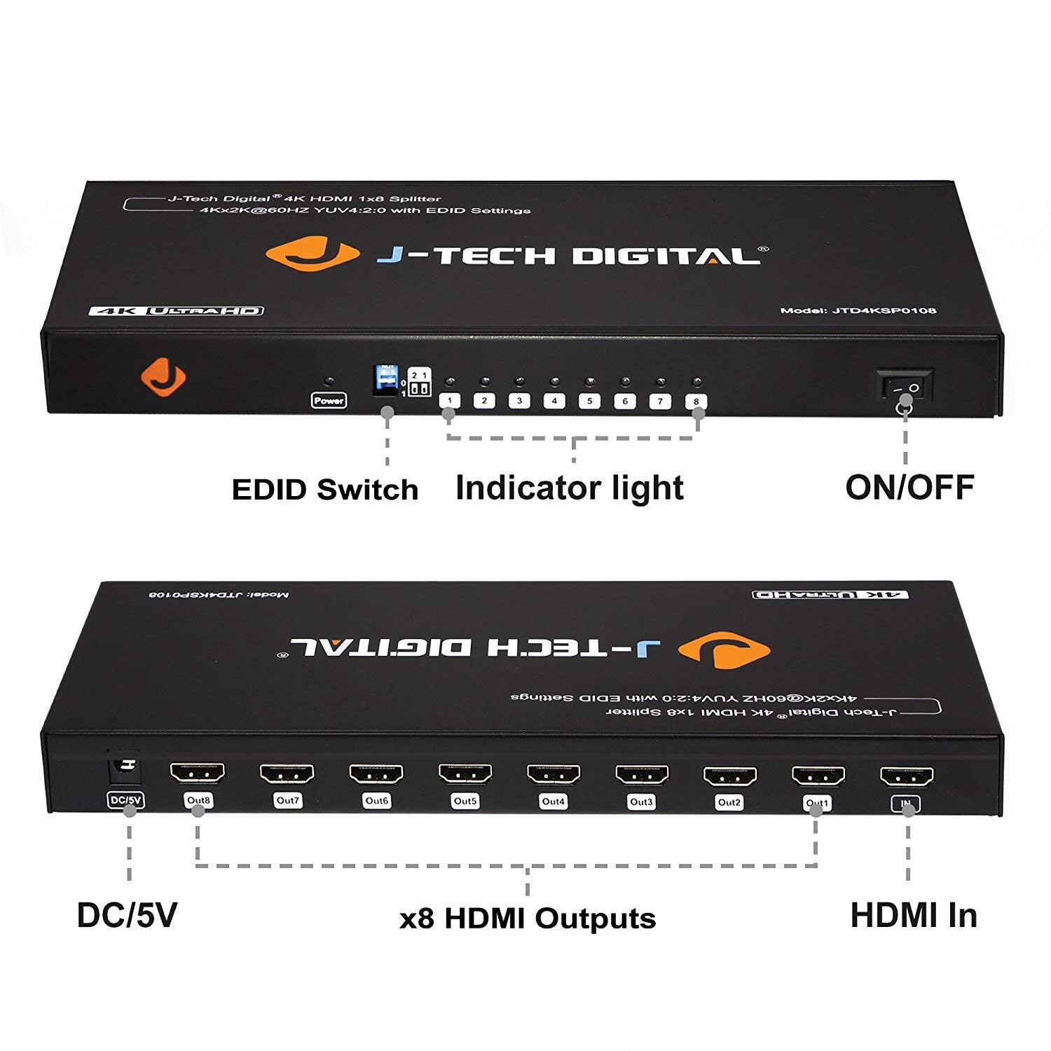 J Tech Digital 4K 60Hz (4:2:0) 1x8 HDMI Splitter Black JTD-4KSP0108 ...