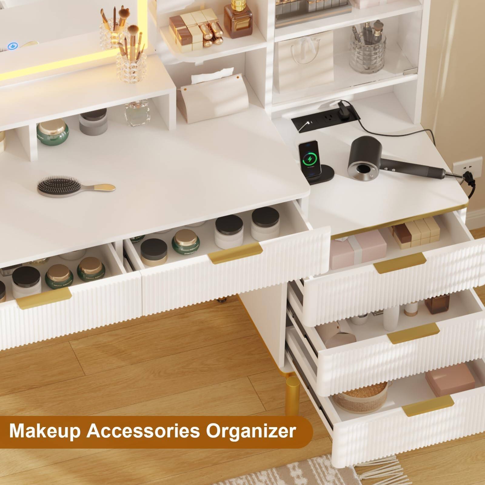 Acekool Fluted Vanity Desk with Mirror and Lights, Makeup Vanity Desk with 5 Drawers ...